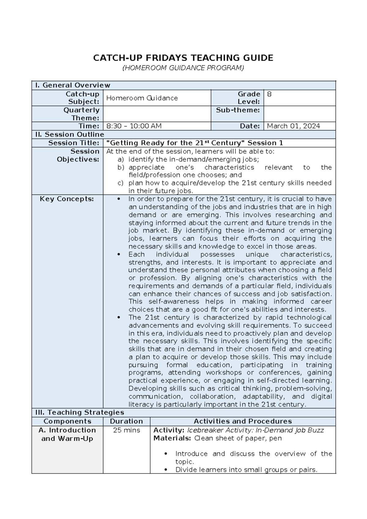 Catchup Friday Homeroom Guidance - CATCH-UP FRIDAYS TEACHING GUIDE (HOMEROOM GUIDANCE PROGRAM) I ...