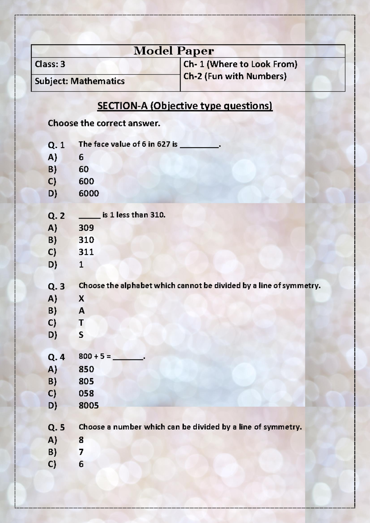 3-Mathematics-1 - Good - Model Paper Class: 3 Ch- 1 (Where to Look From ...