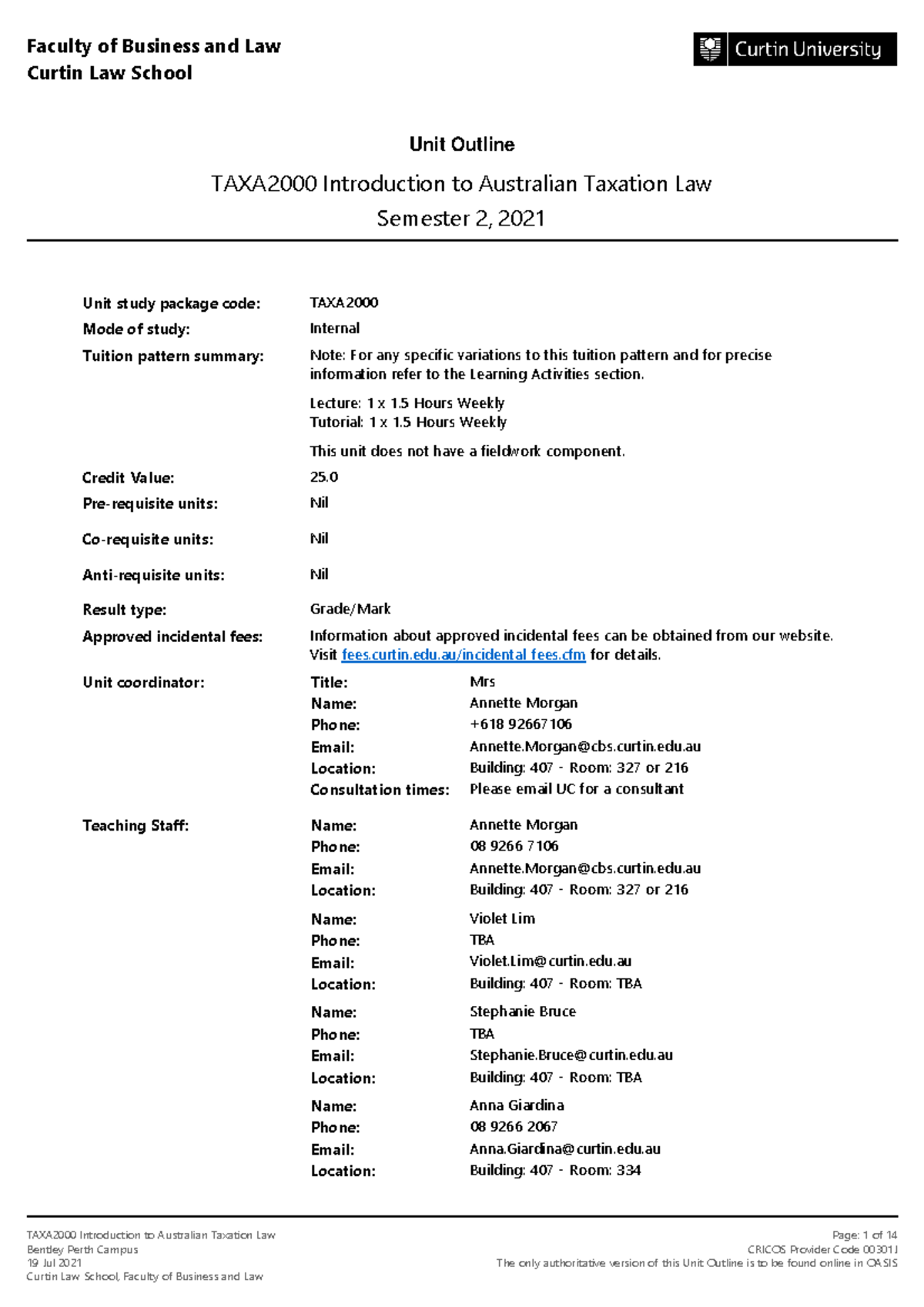 TAXA2000 Introduction to Australian Taxation Law Semester 2 2021 Bentley Perth Campus INT - Unit ...