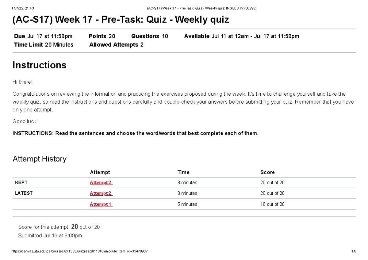 (AC-S17) Week 17 - Pre-Task Quiz - Weekly quiz Ingles IV (30295)2 - (AC ...