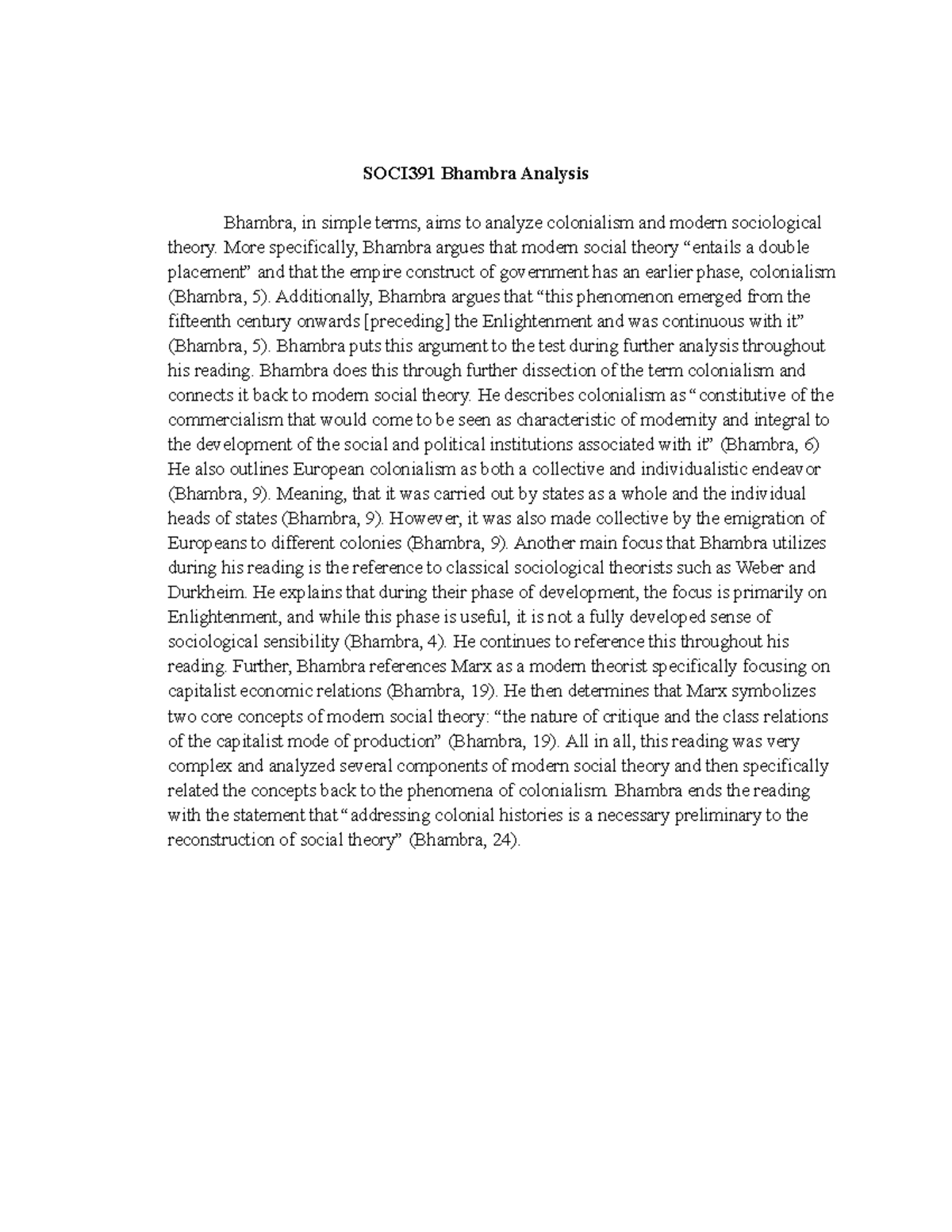 SOCI381 Bhambra Reading Summary - SOCI391 Bhambra Analysis Bhambra, in ...