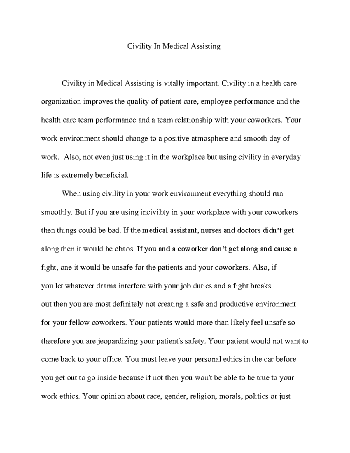 MAI 140 civility essay - Grade: A+ - Civility In Medical Assisting ...