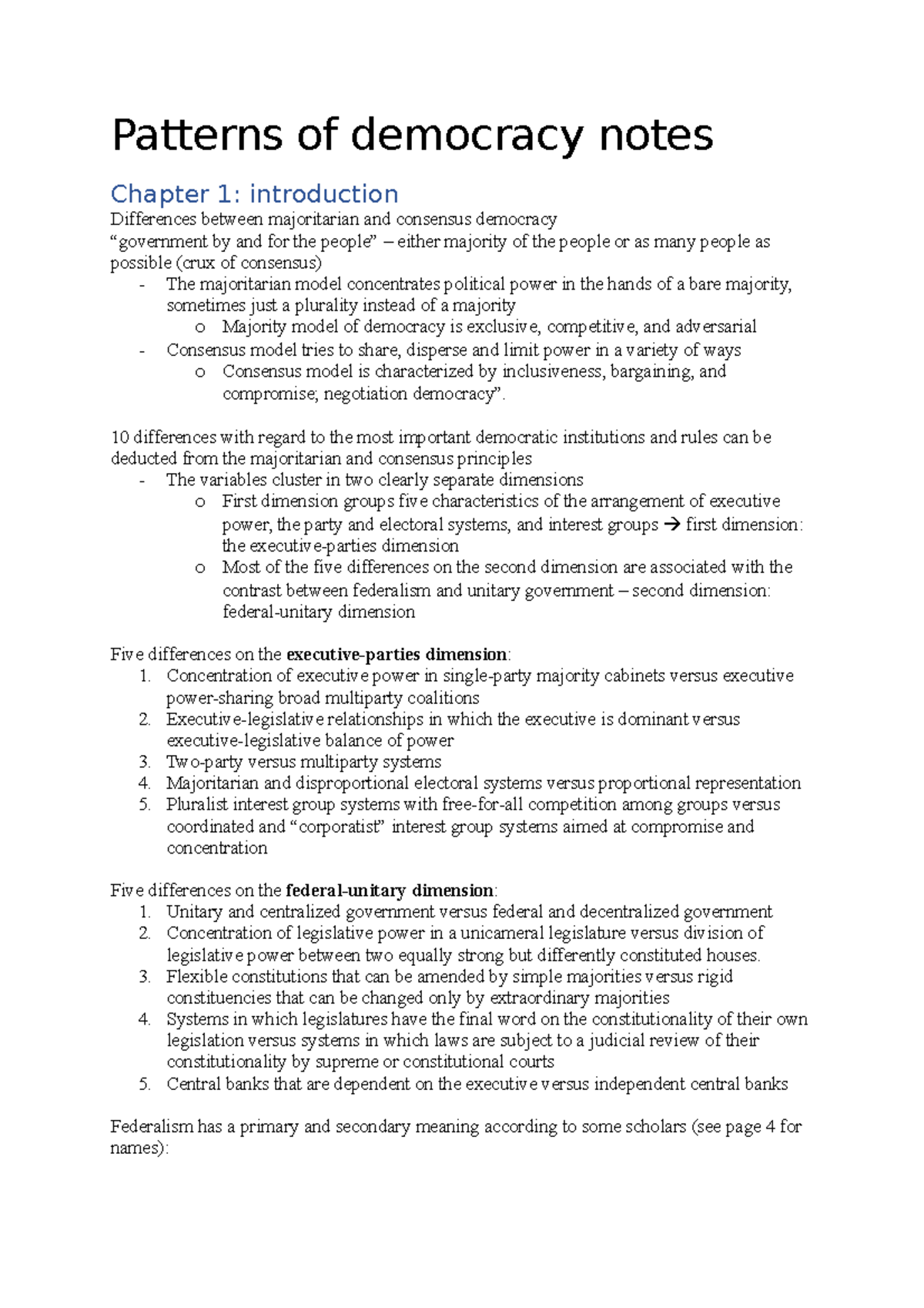Patterns of democracy notes ch 1-3 and 12 - SAMPOL106 - UiB - Studocu