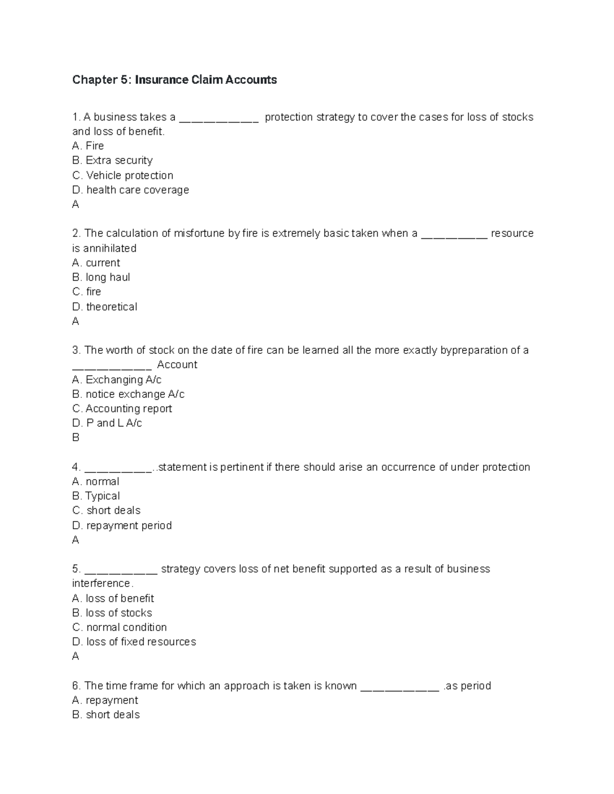 Chapter 5 Insurance Claim Accounts - A. Fire B. Extra security C ...