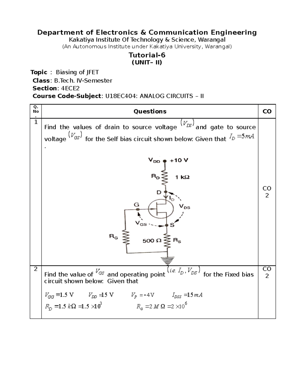 T 6 Tutorial 6 Qp Ii Unit Ac Ii Department Of Electronics