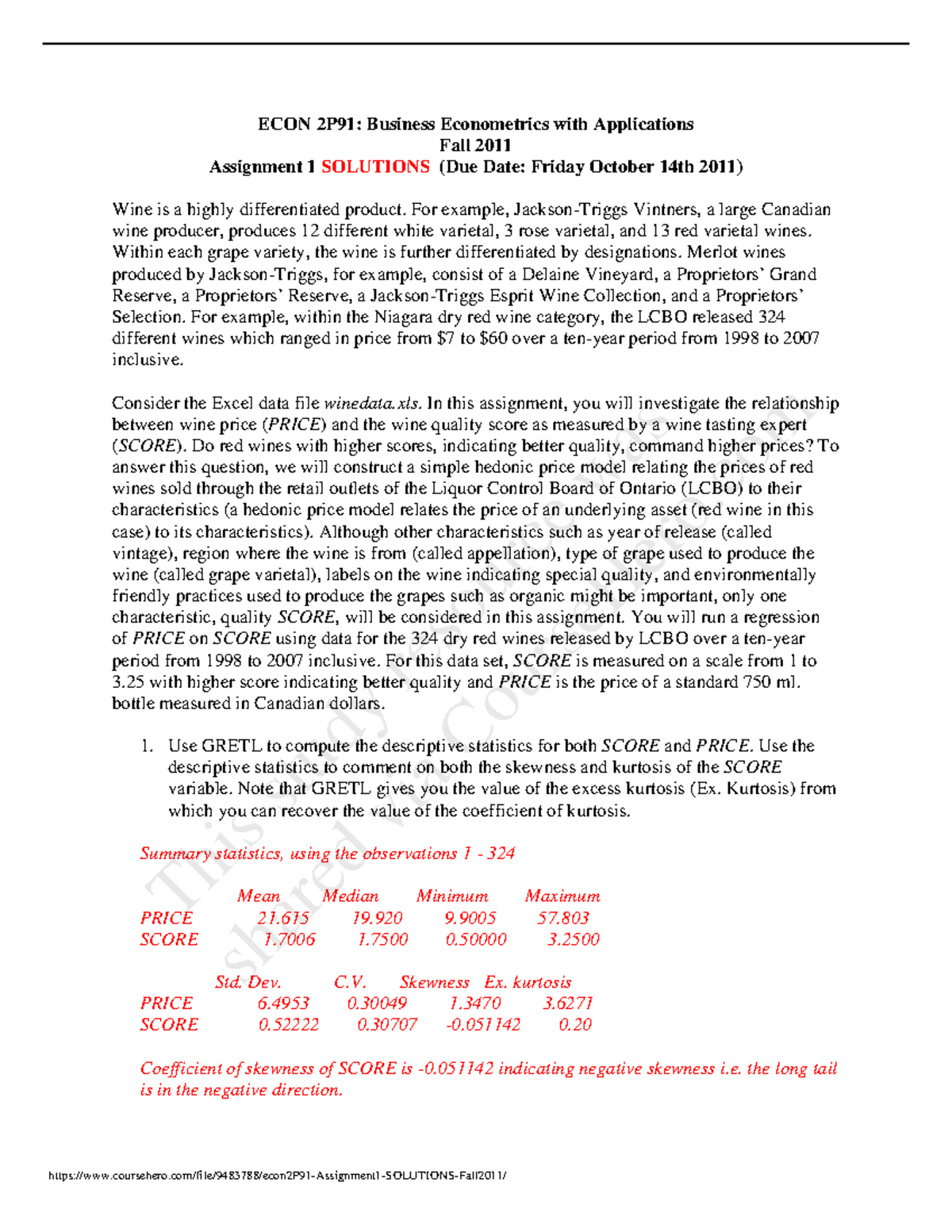 Econ2P91 Assignment 1 Solutions Fall2011 - ECON 2P91: Business Econometrics with Applications ...