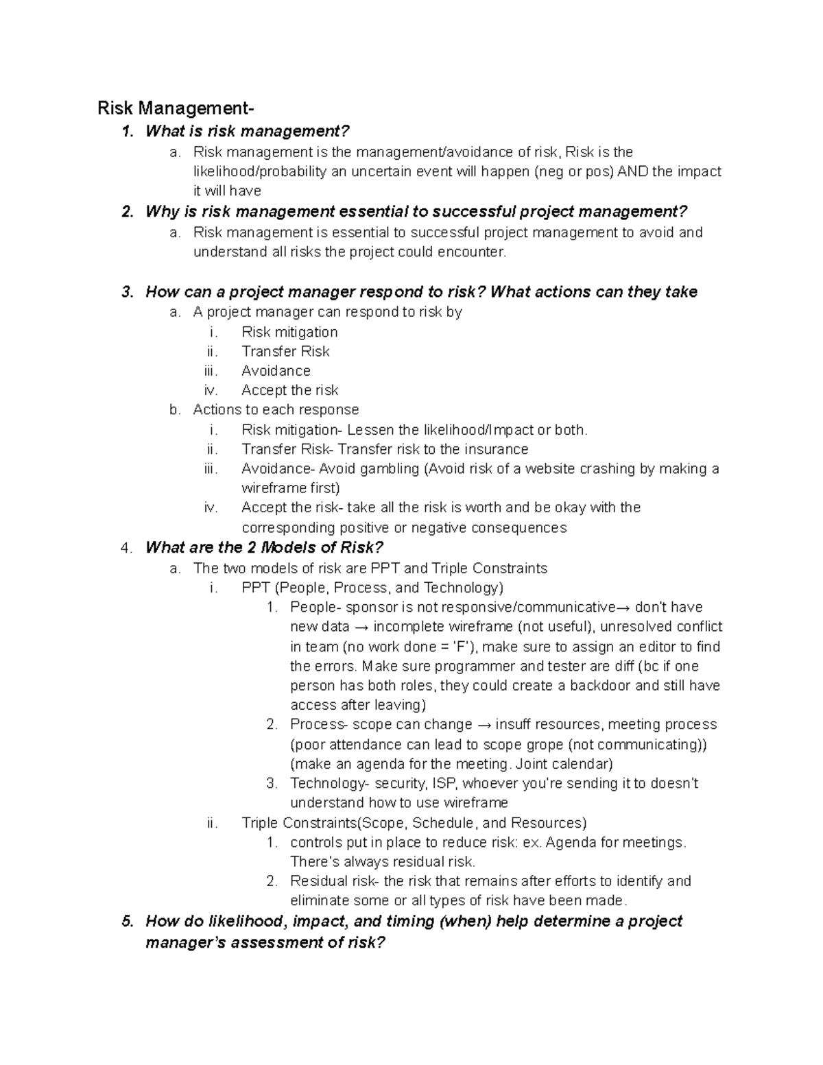 Project MGMT Study Guide Part 1 - Risk Management- 1. What is risk ...