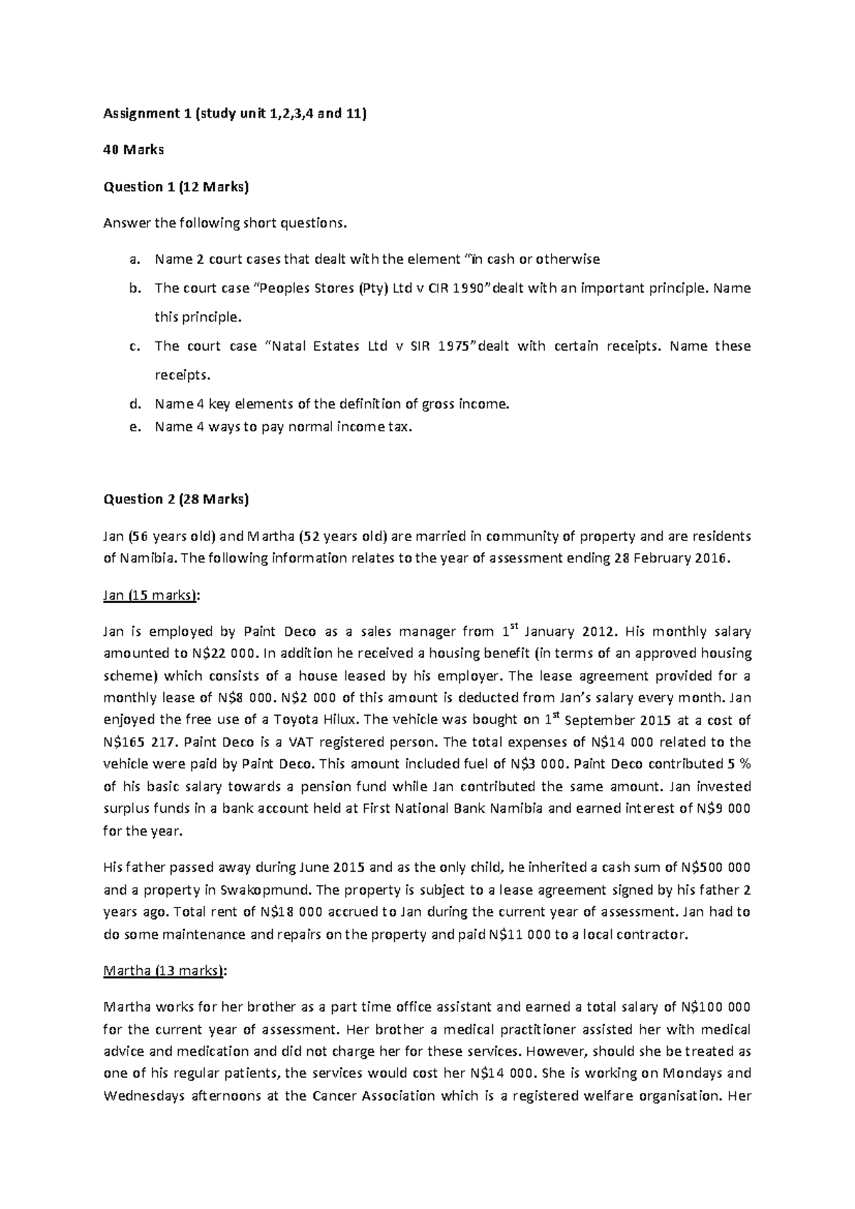 TAX311S-2016-Tutorial Tax 3A 2016 - Assignment 1 (study unit 1,2,3,4 ...