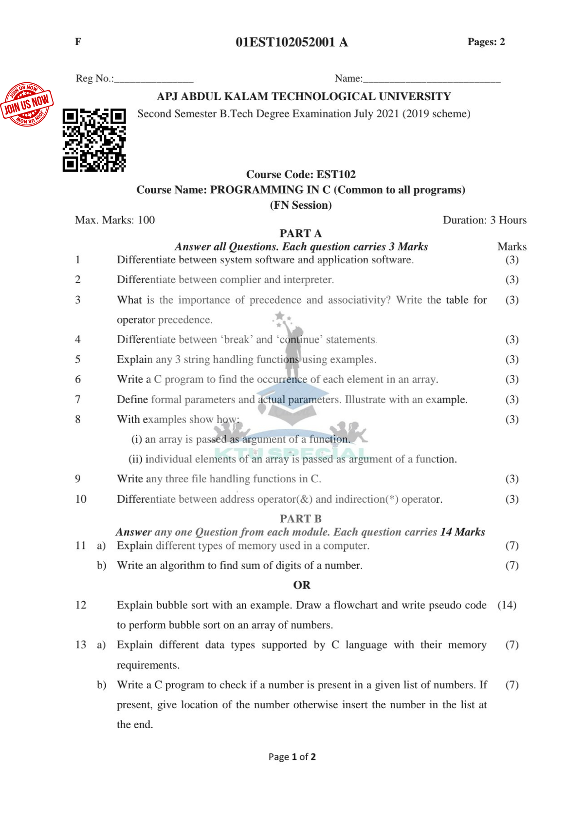 JULY 2021 PIC - Question paper of c programming in July 2021 - F ...