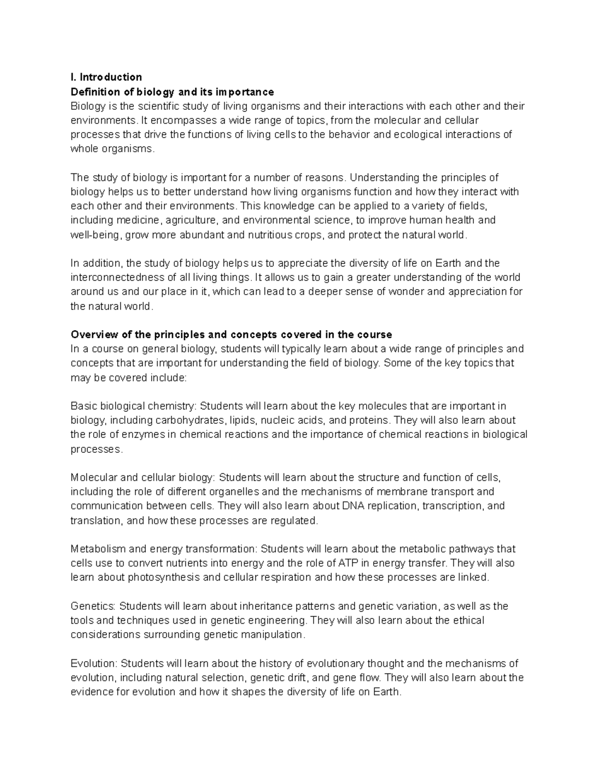 BIO-111 General Biology I Notes - I. Introduction Definition of biology ...