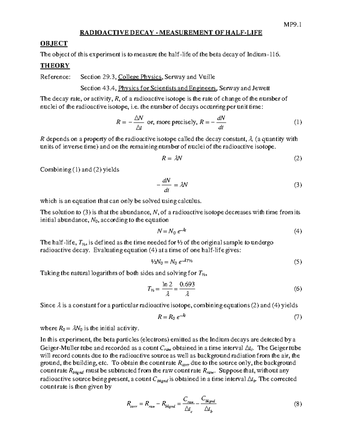 Phys 117 and 125 MP9 Lab Manual - MP9. RADIOACTIVE DECAY - MEASUREMENT ...