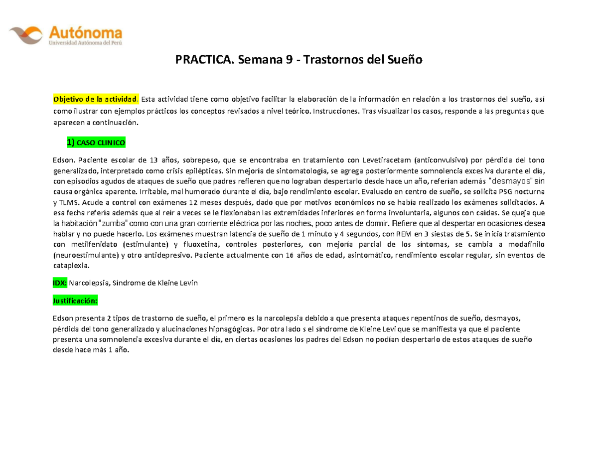 Practica 09 , SARA Bernal - PRACTICA. Semana 9 - Trastornos del Sueño Objetivo de la actividad ...