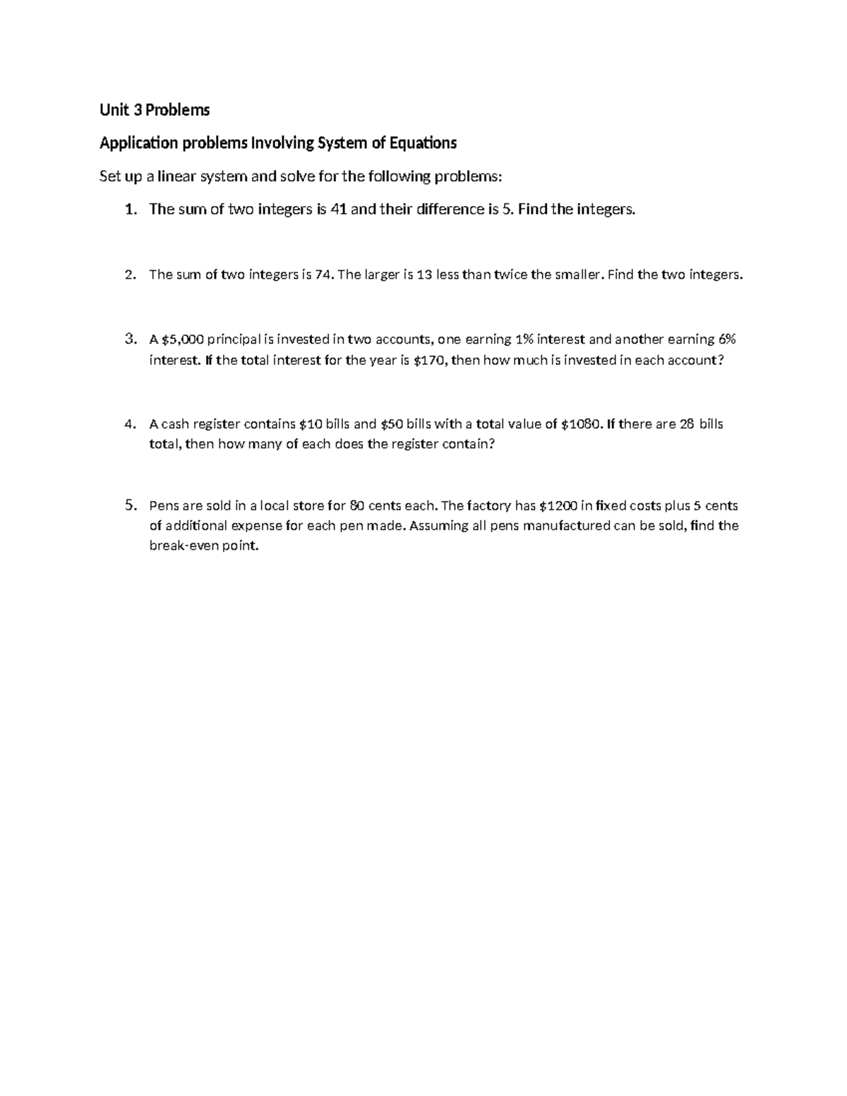 Unit 3 Problems 2020 - KMKO - Unit 3 Problems Application problems Involving System of Equations ...