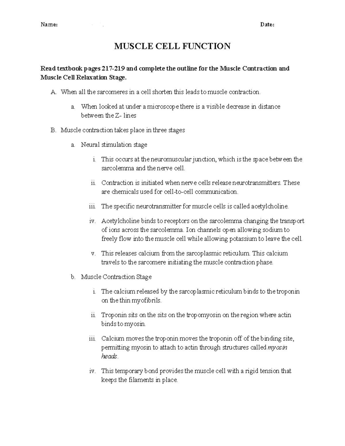 Muscle cell function - Practice - Name: Kamilah Hossain Date: 2/23 ...