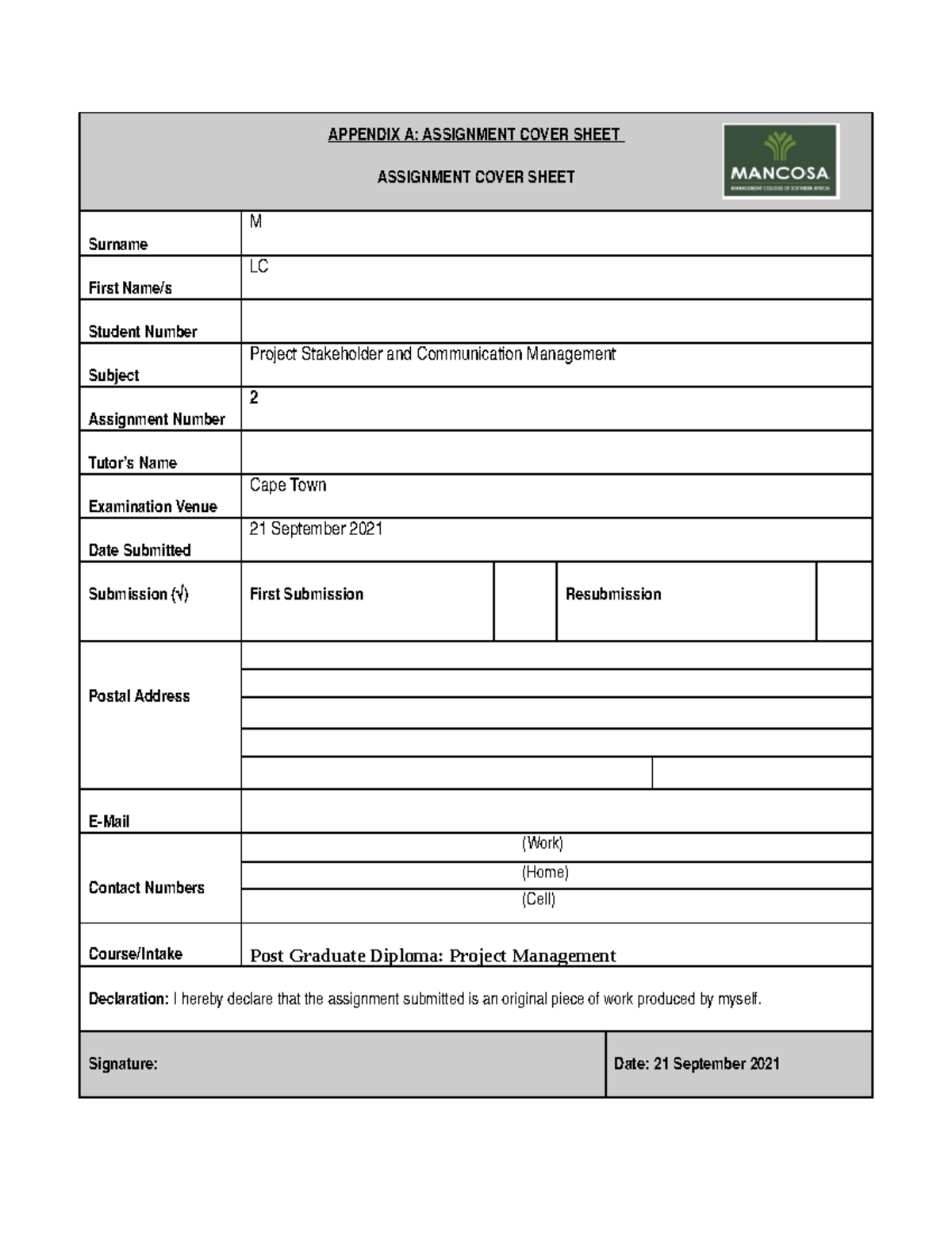 Stakeholder Communication assignment 2 - APPENDIXA:ASSIGNMENTCOVERSHEET ...