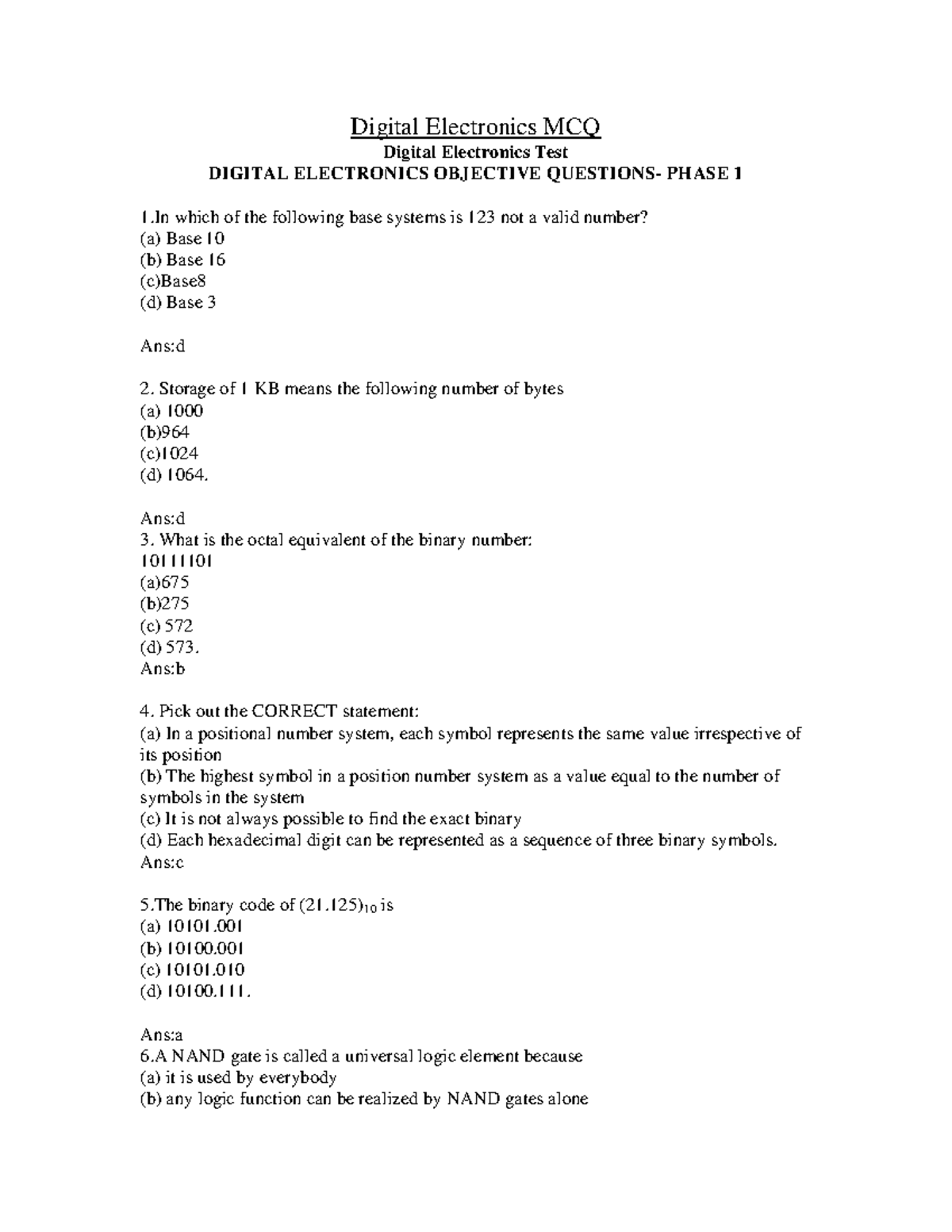 101202181 Digital Electronics MCQ - Digital Electronics MCQ Digital ...