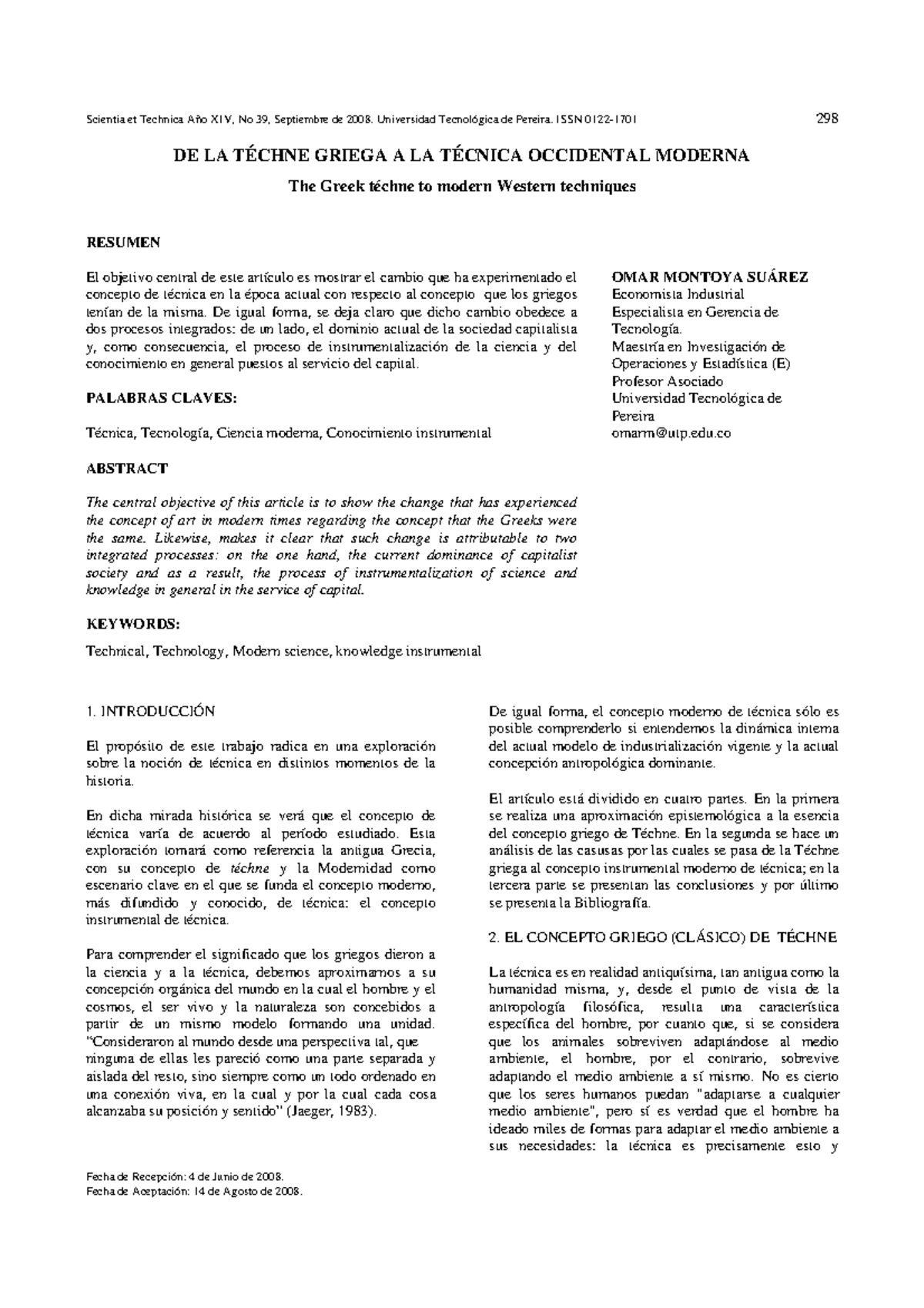 De la techne griega a la técnica occidental - Scientia et Technica Año ...