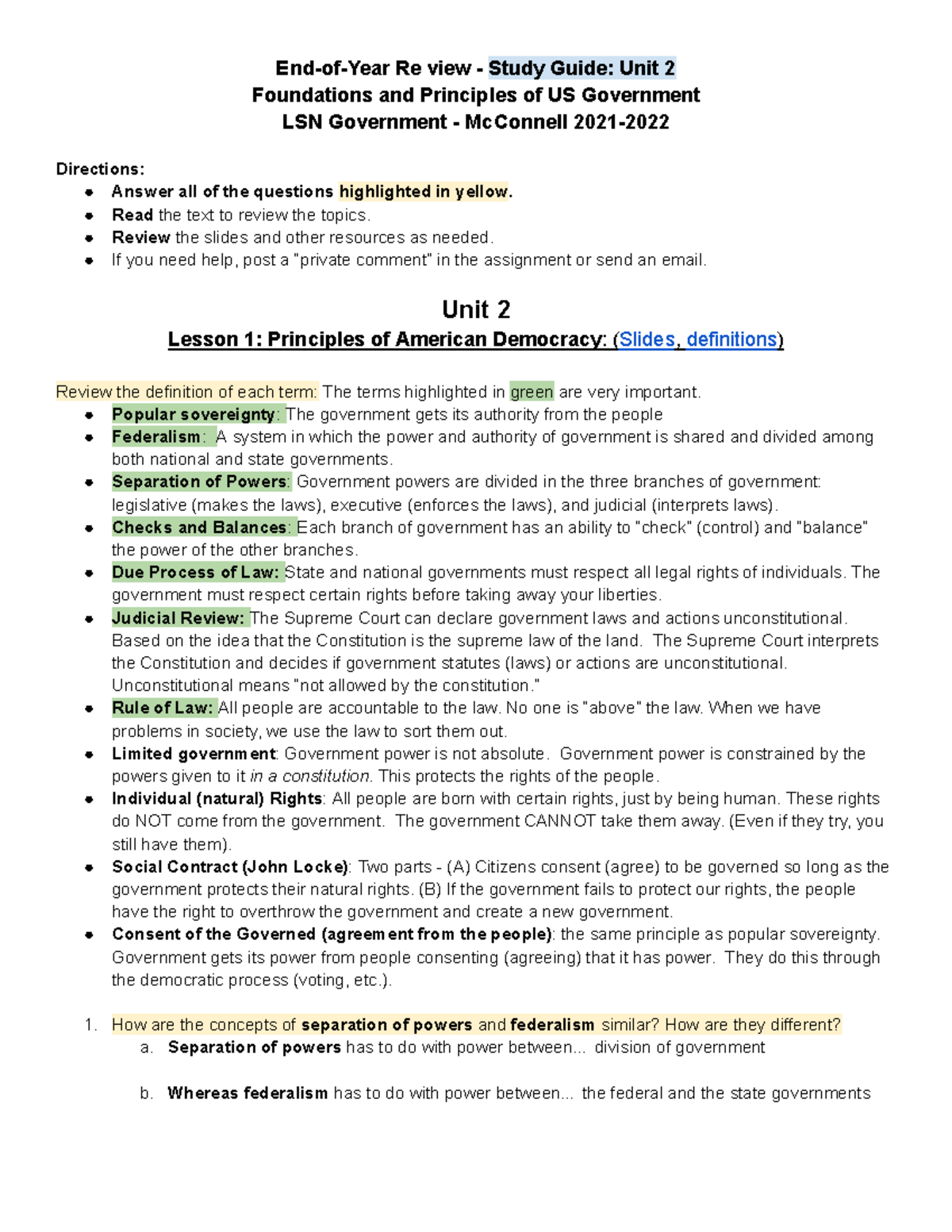 - End of Year Review Study Guide Unit 2 - Foundations and Principles of ...