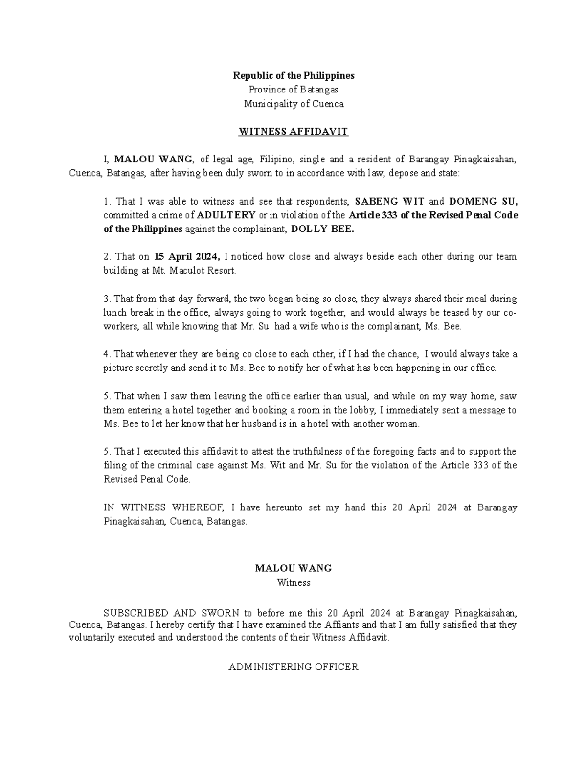 Adultery-1 - Republic of the Philippines Province of Batangas ...