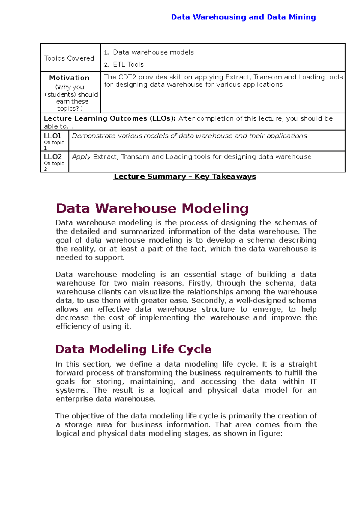 Data warehouse models - Topics Covered 1. Data warehouse models 2. ETL ...