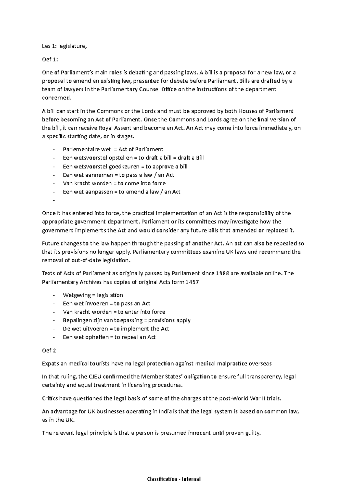 All sentences together - Les 1: legislature, Oef 1: One of Parliament’s ...