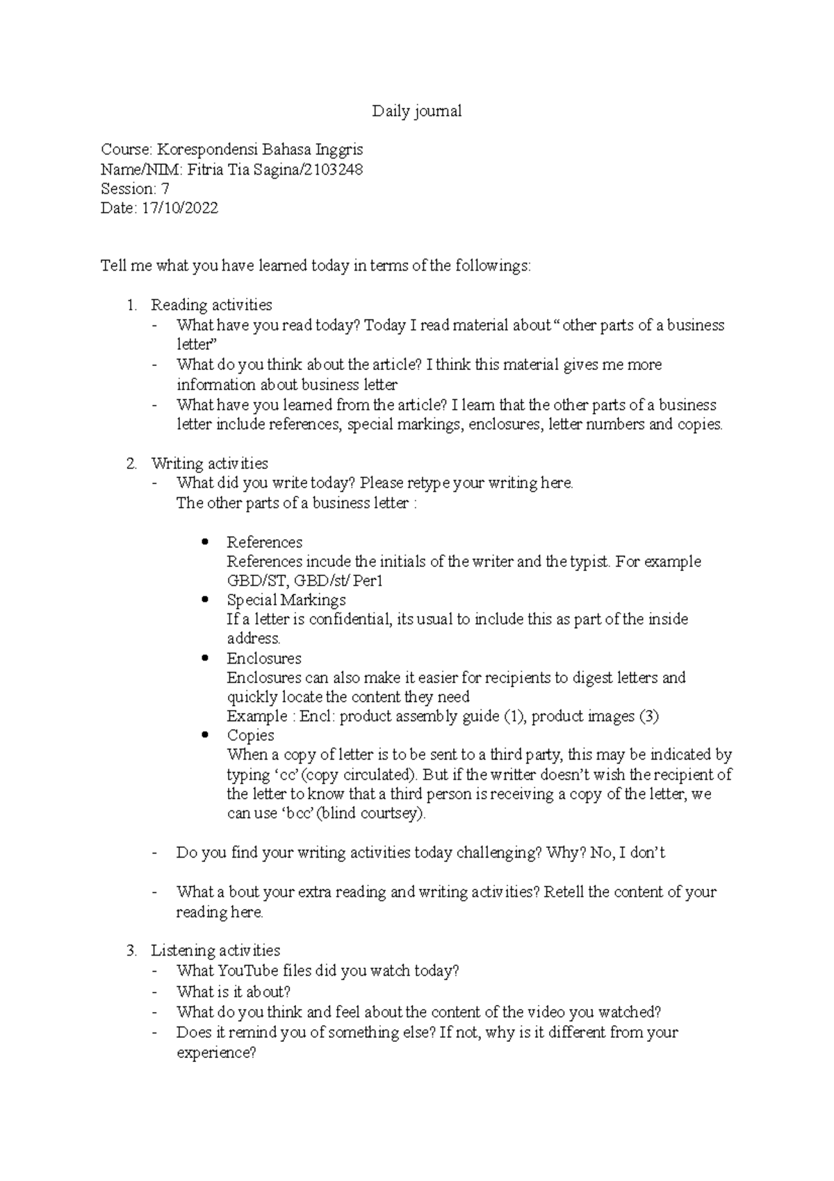 Daily journal at English Course to reflect student's understanding ...