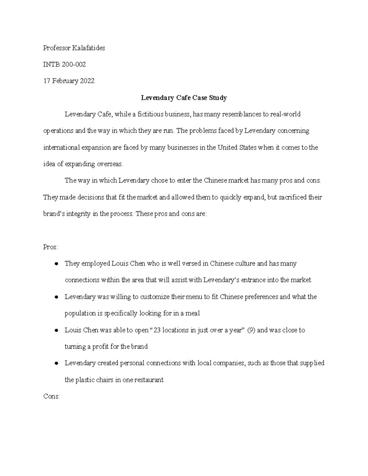 Levendary Case Study - Professor Kalafatides INTB 200- 17 February 2022 ...
