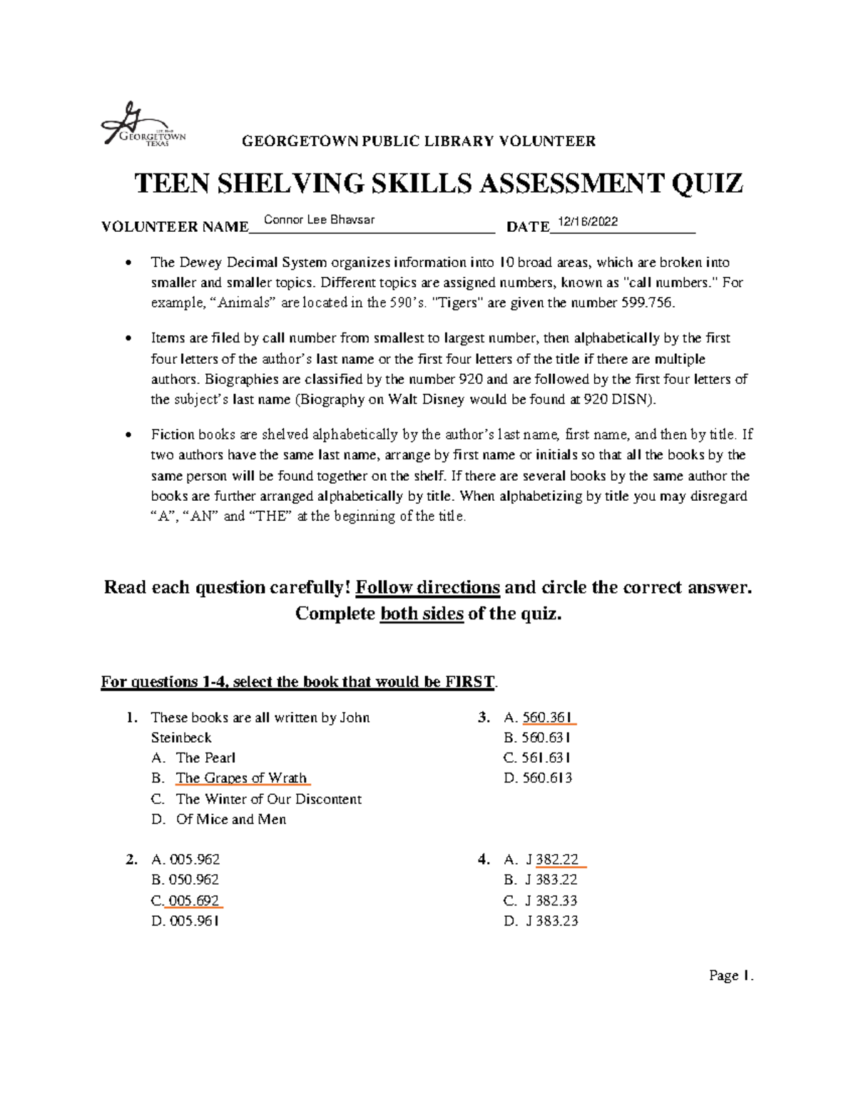 Assessment - thing - GEORGETOWN PUBLIC LIBRARY VOLUNTEER TEEN SHELVING ...