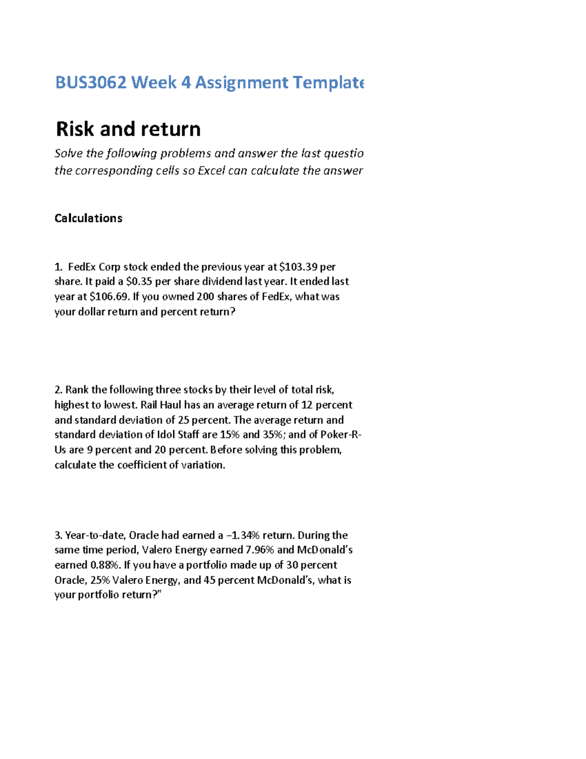 Cf week 4 assignment template - Risk and return Calculations FedEx Corp ...
