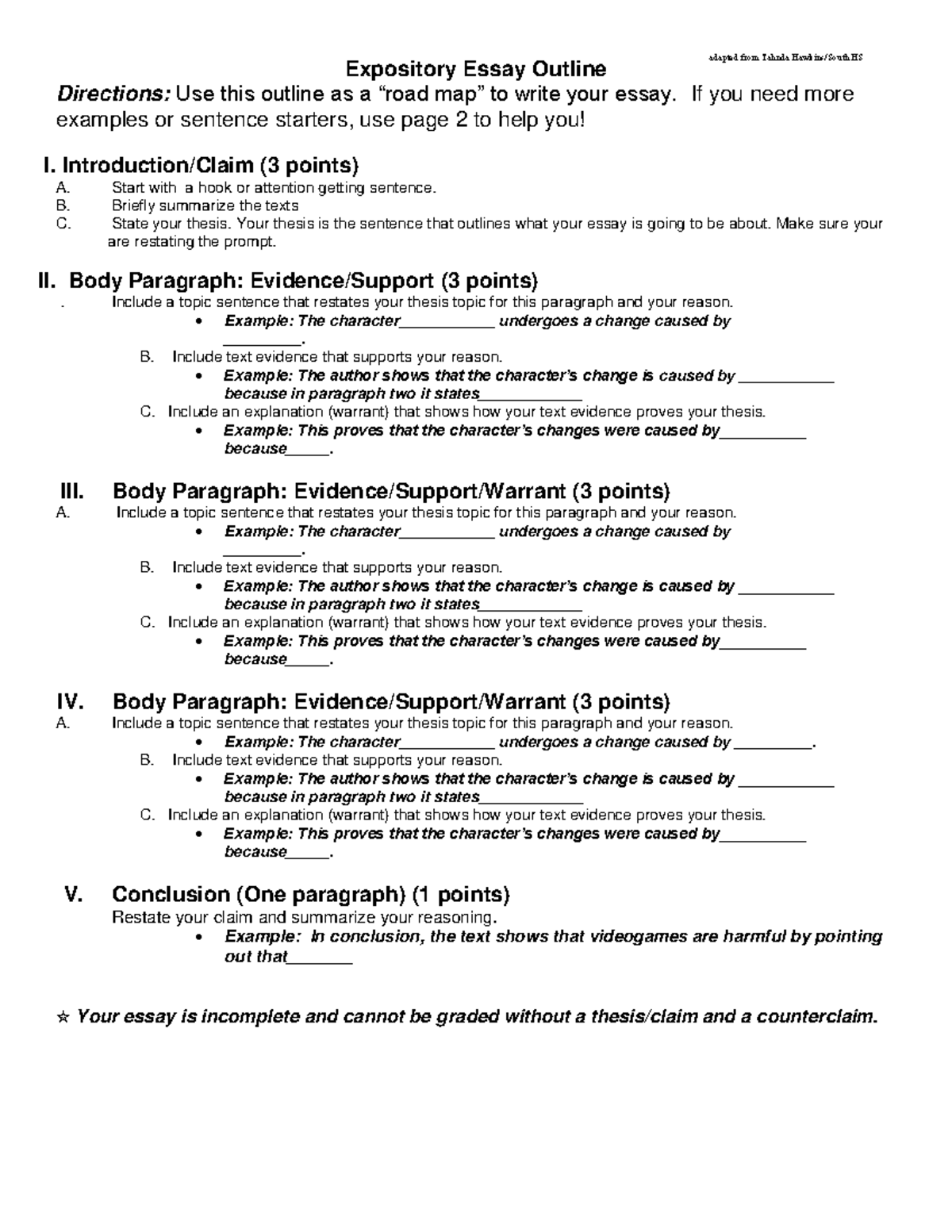 Expository Essay Outline - Expository Essay Outline Directions: Use ...