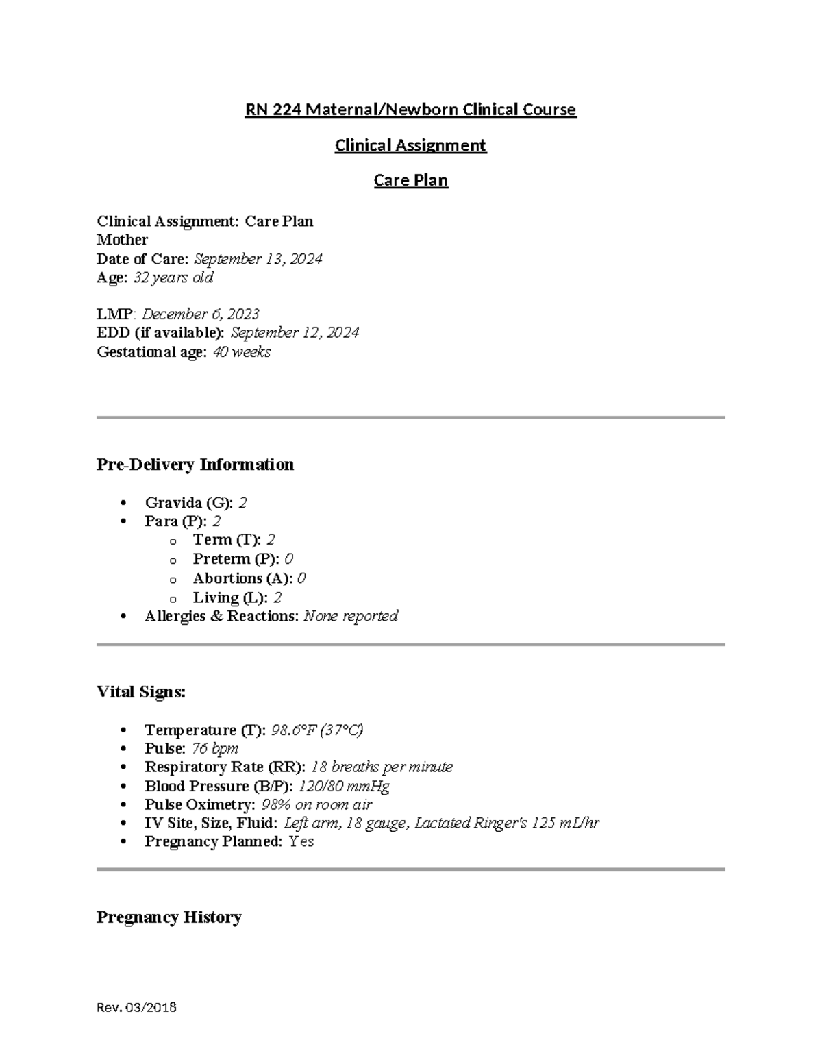 RN 224 Care Plan-2 - .notes - RN 224 Maternal/Newborn Clinical Course ...