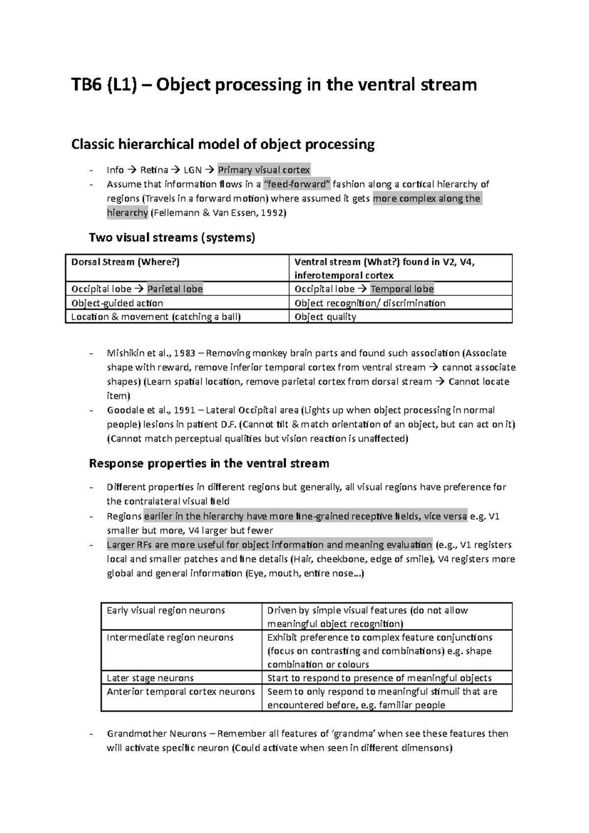 Brain & Behaviour II TB6 - All Lectures - TB6 (L1) – Object processing in the ventral stream ...