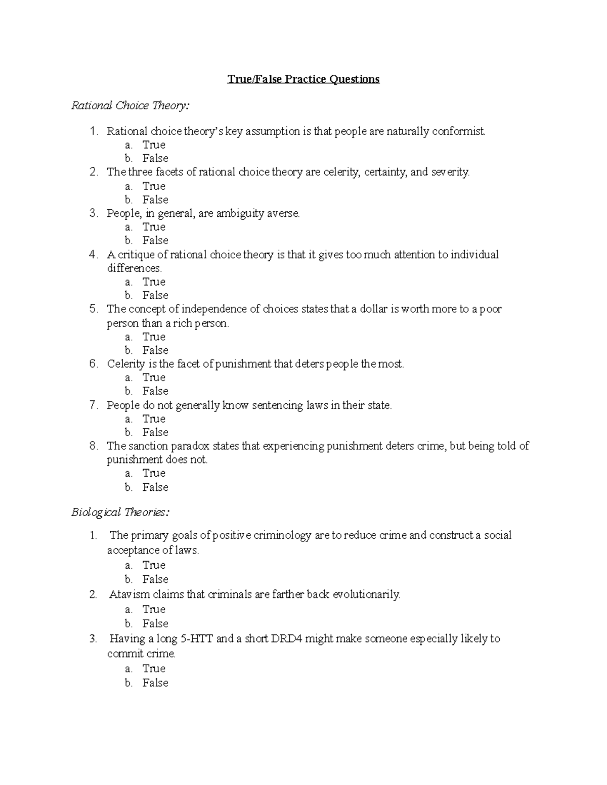 Exam 2 True or False Practice Questions - True/False Practice Questions ...
