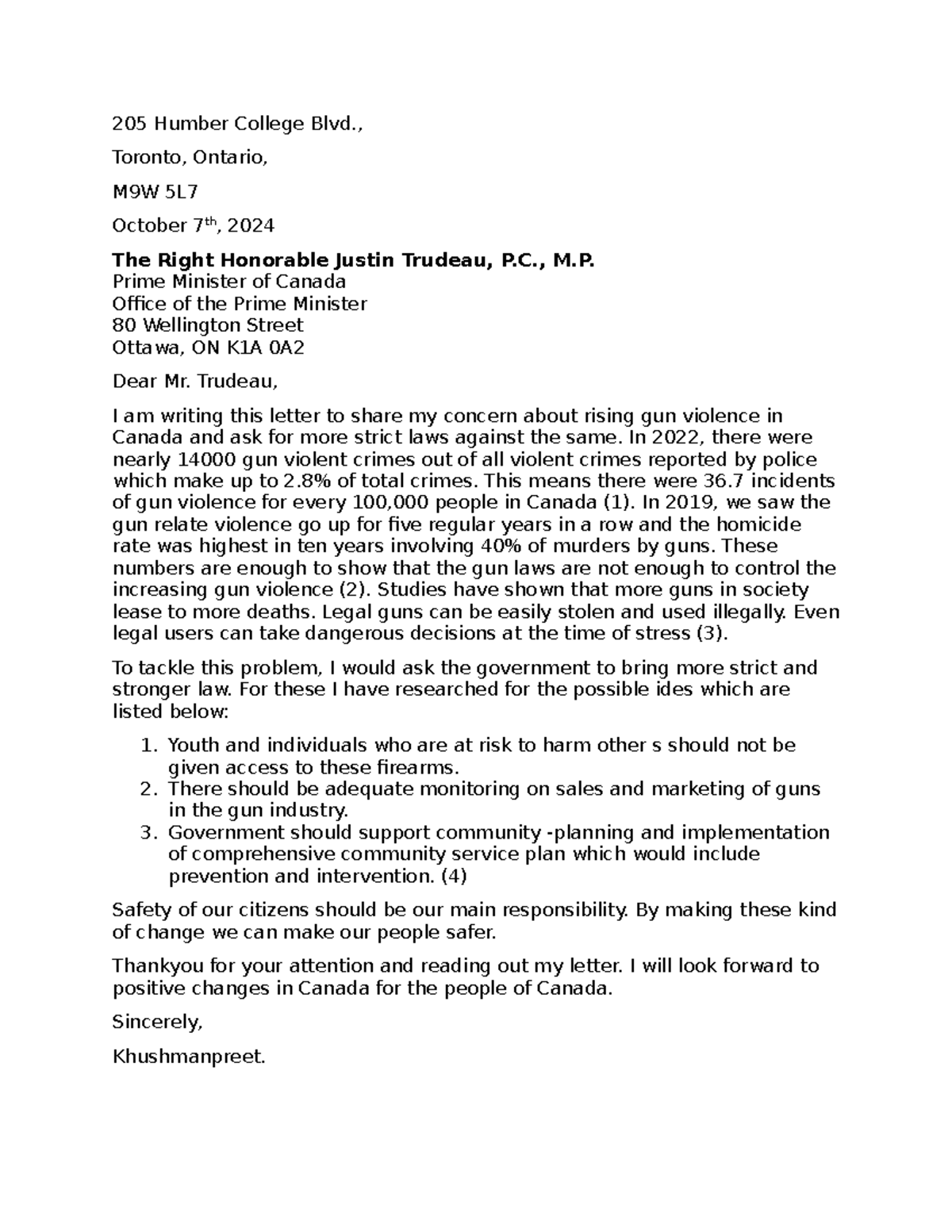 Letter esol - mandatory assignment - 205 Humber College Blvd., Toronto ...