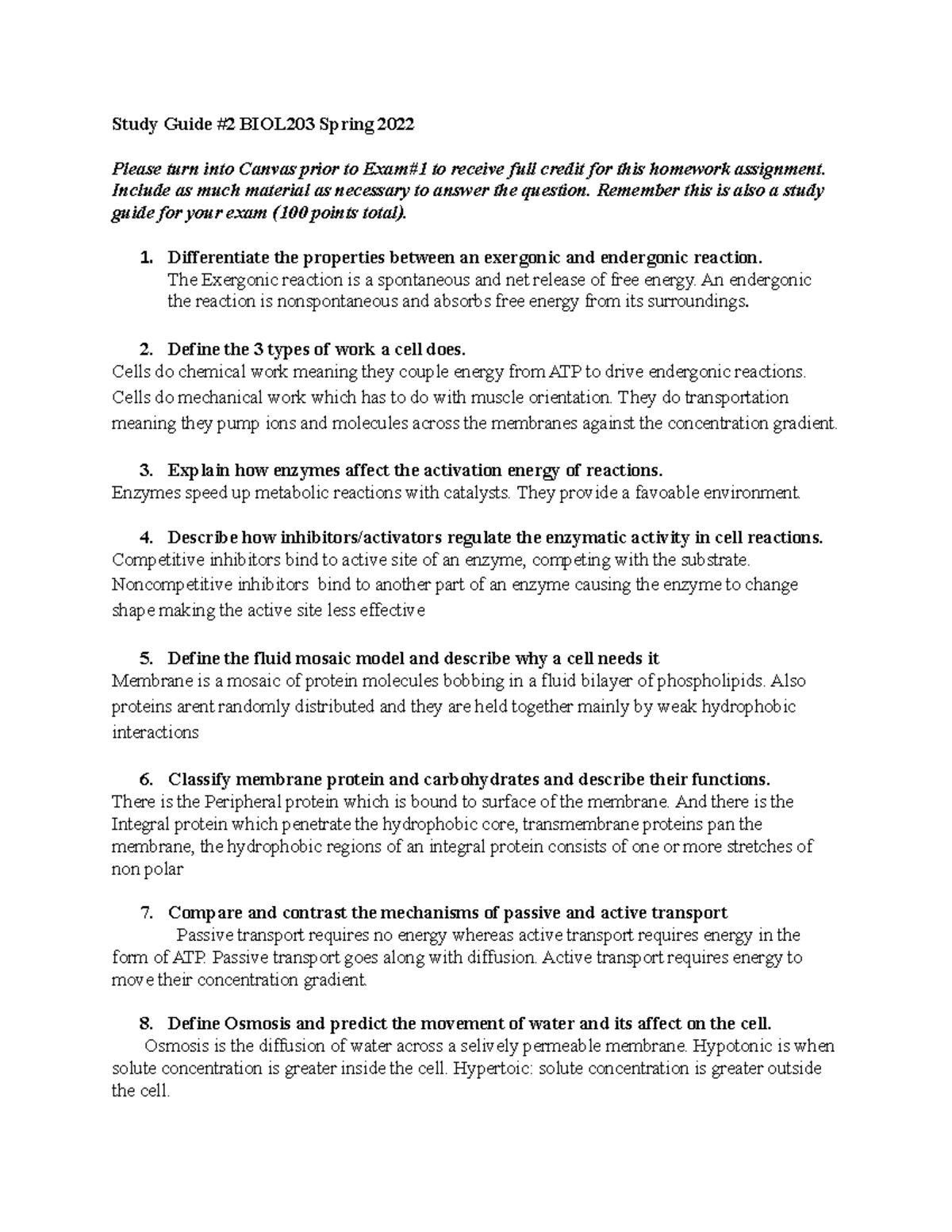 BIOL203 S22 Study Guide#2 - Study Guide #2 BIOL203 Spring 2022 Please ...