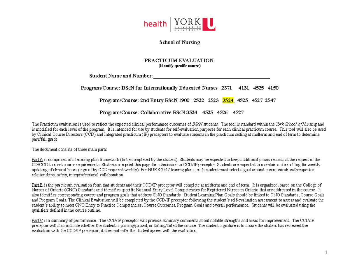 NURS 3524 MH Evaluation template F23 - PRACTICUM EVALUATION (Identify ...