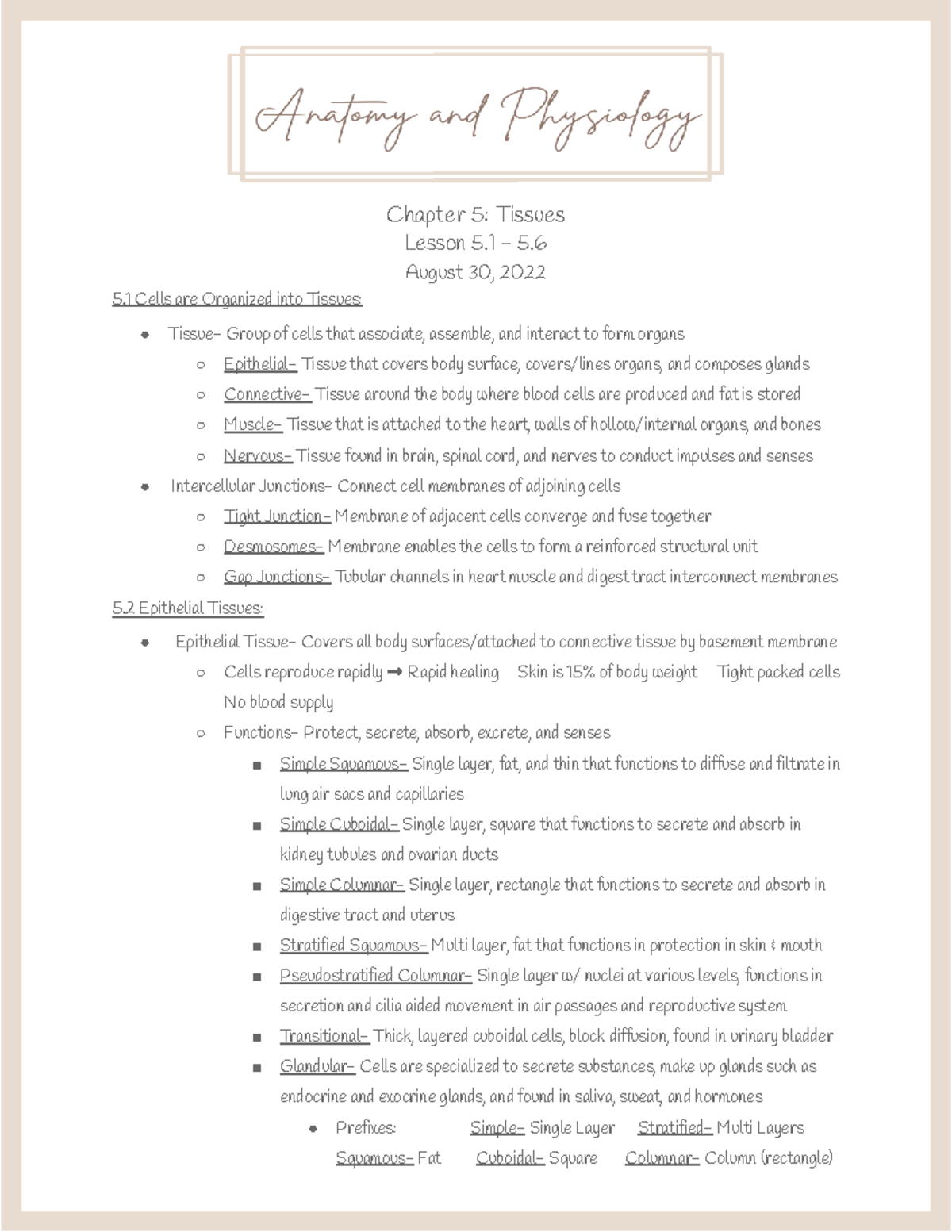 8 30 - Ch 5 Tissues - Chapter 5: Tissues Lesson 5 - 5. August 30, 2022 ...
