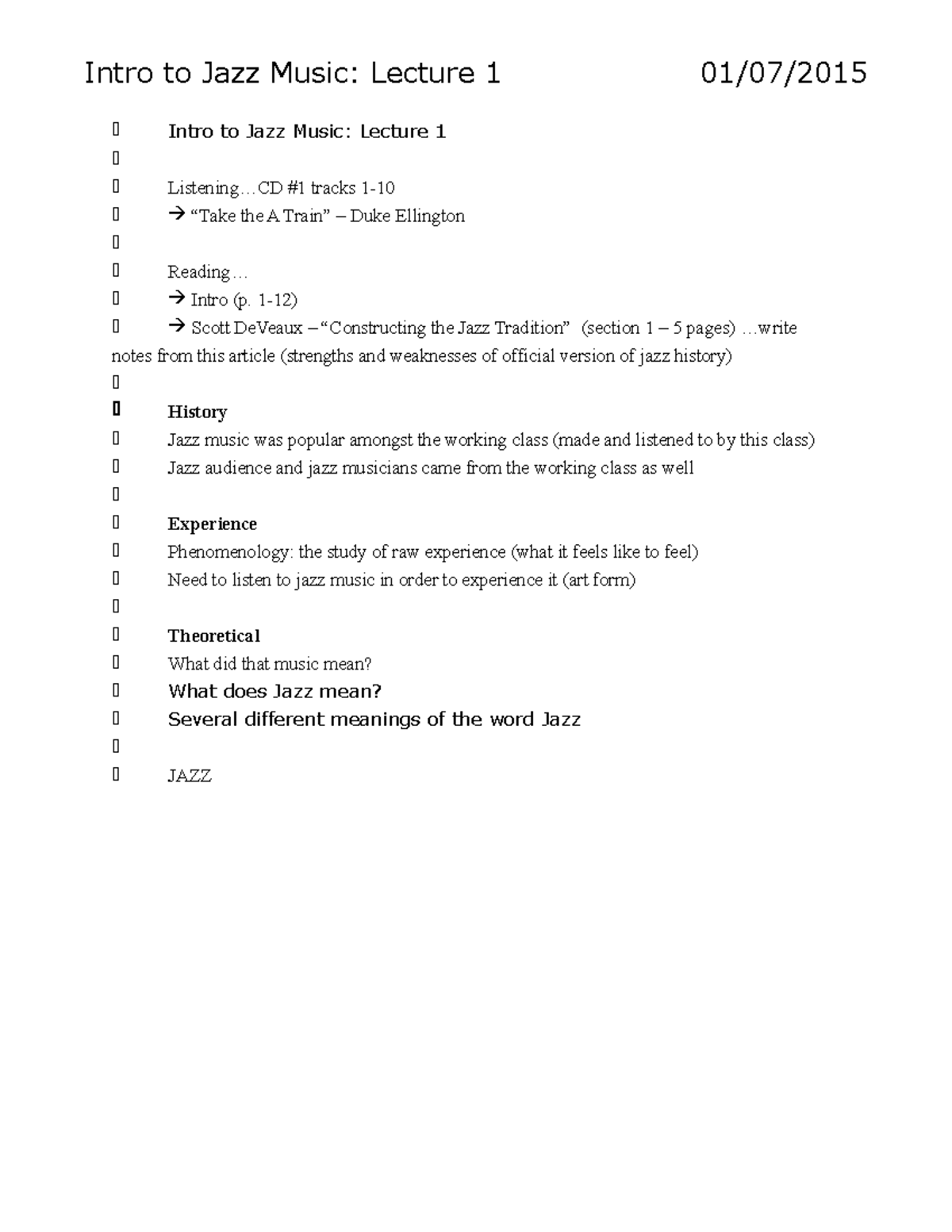 Jazz Lectures - Intro to Jazz Music: Lecture 1 01/07/ Intro to Jazz ...