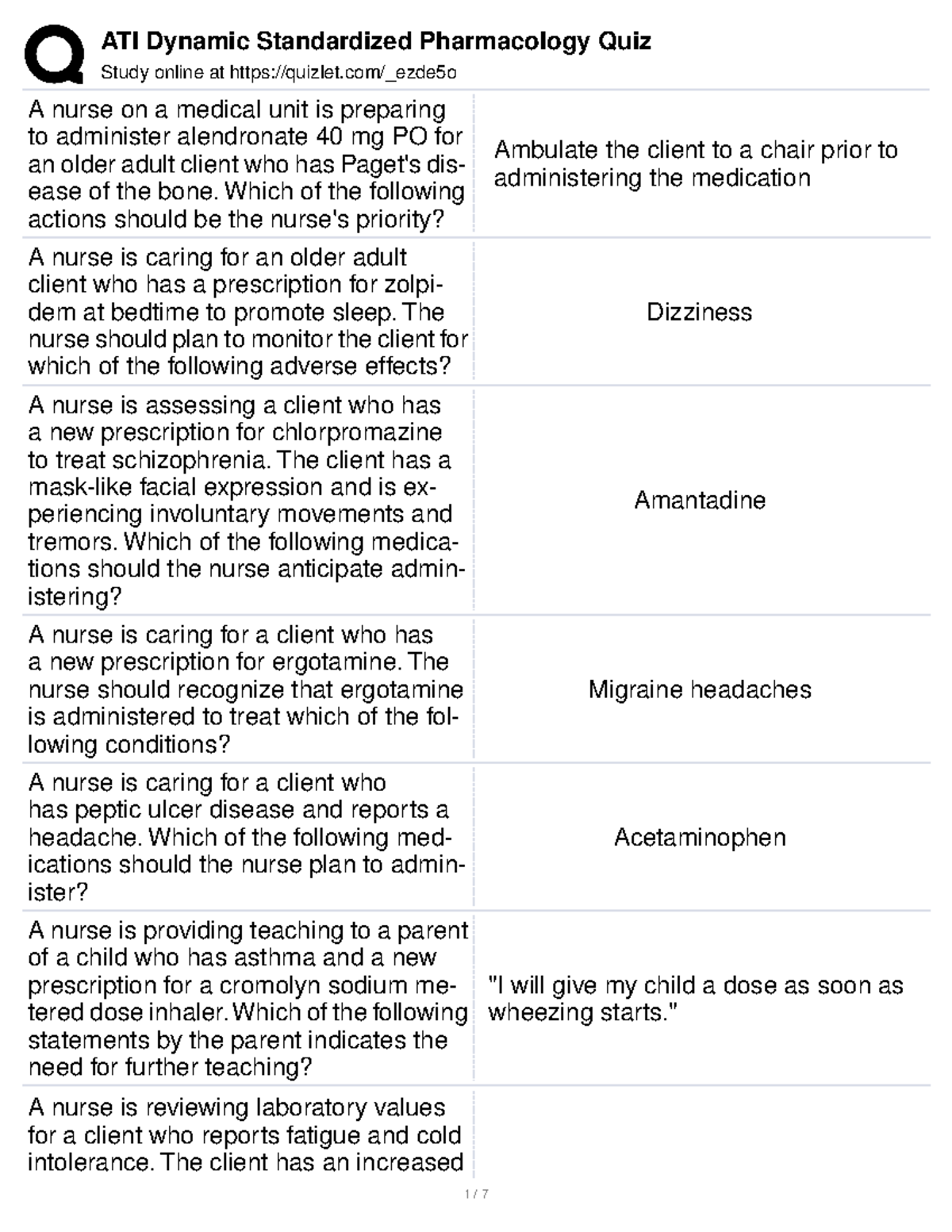 ATI Dynamic Standard Pharmacology Quiz - Study online at quizlet ...