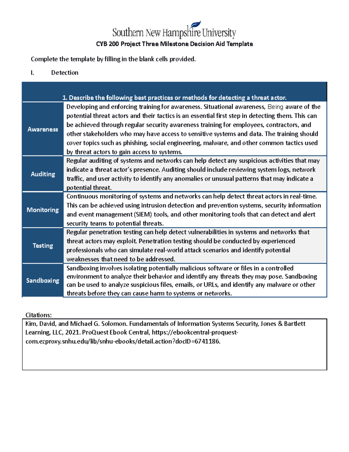 CYB 200 Project Three Milestone Decision Aid Template - I. Detection ...