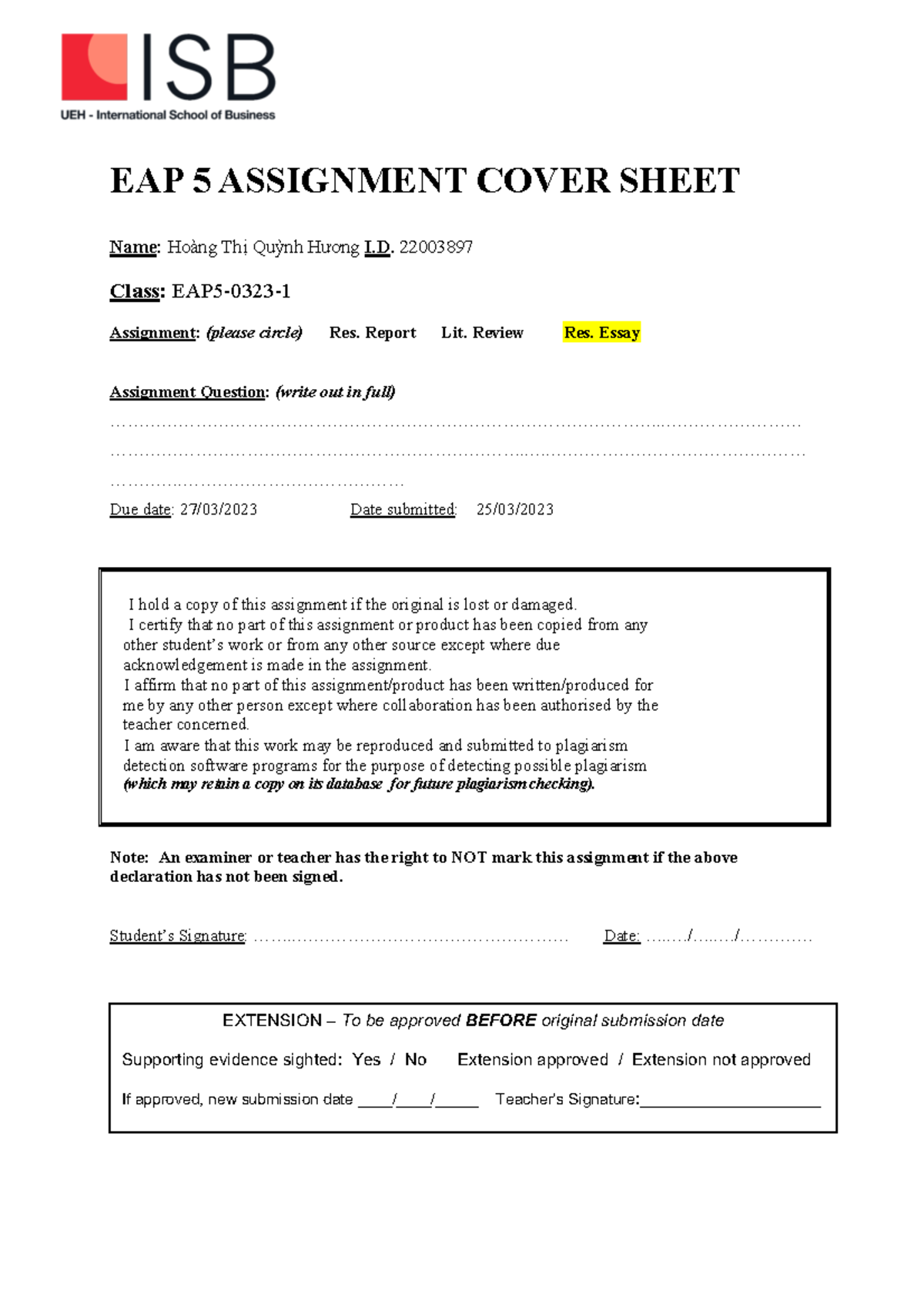EAP503231-Nuclear - nuclear introduction - EAP 5 ASSIGNMENT COVER SHEET Name: Hoàng Thị Quỳnh ...