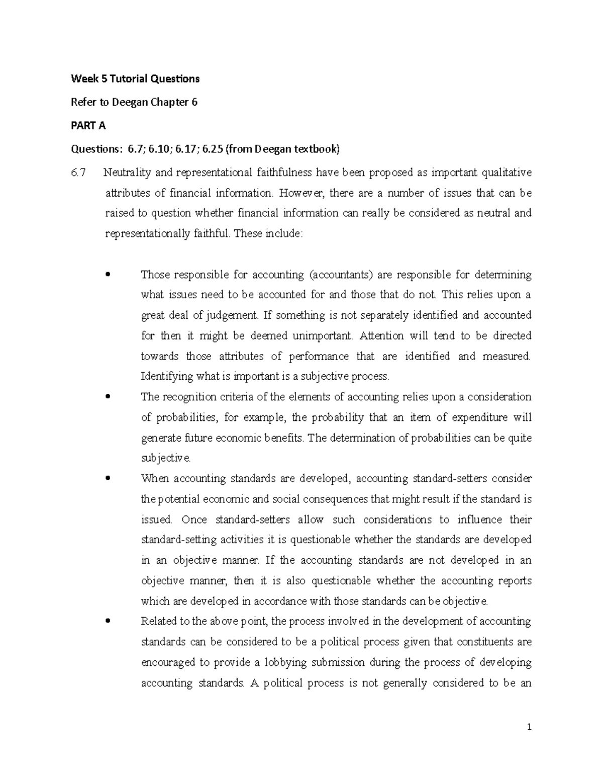 Week 5 Tutorial Questions Solutions - Week 5 Tutorial Questions Refer to Deegan Chapter 6 PART A ...