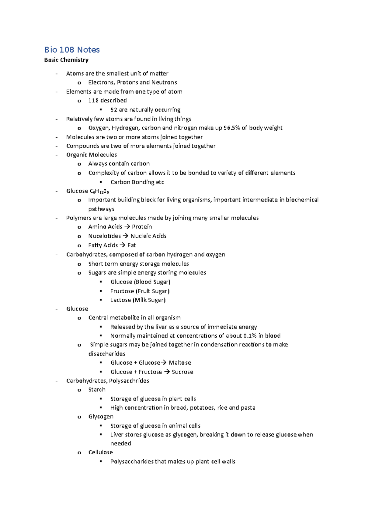 Bio108 notes - All - Bio 108 Notes Basic Chemistry Atoms are the ...