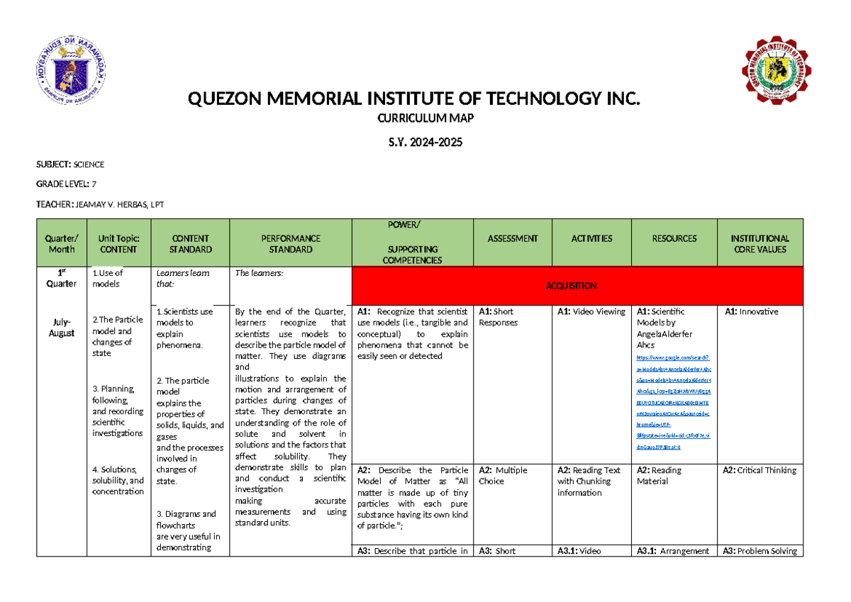 Cur Map G7 - Curriculum Map Science Grade 7 Matatag - QUEZON MEMORIAL ...