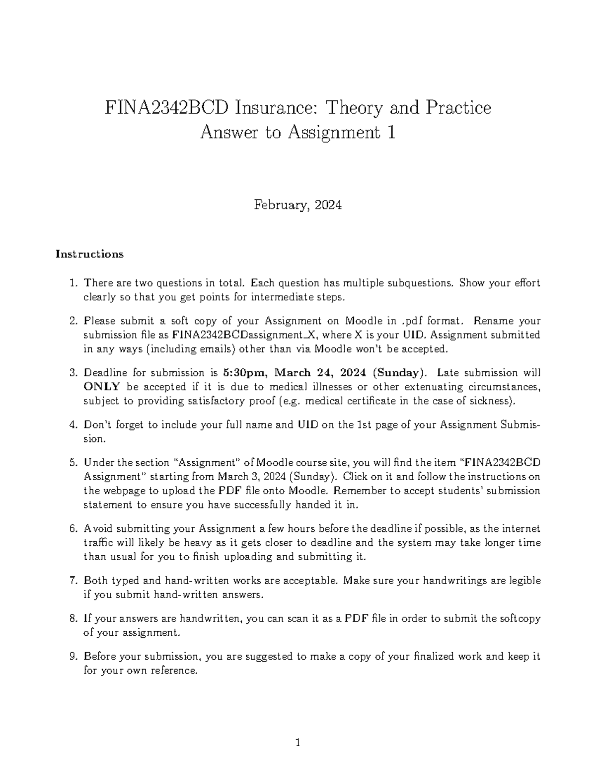 Answer Assignment 1 2024 - FINA2342BCD Insurance: Theory and Practice ...