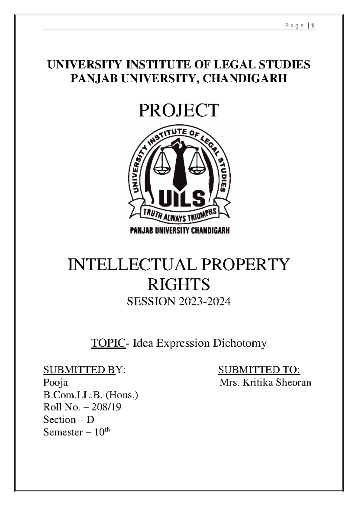 Ipr 10th sem - Summary LLB - UNIVERSITY INSTITUTE OF LEGAL STUDIES ...