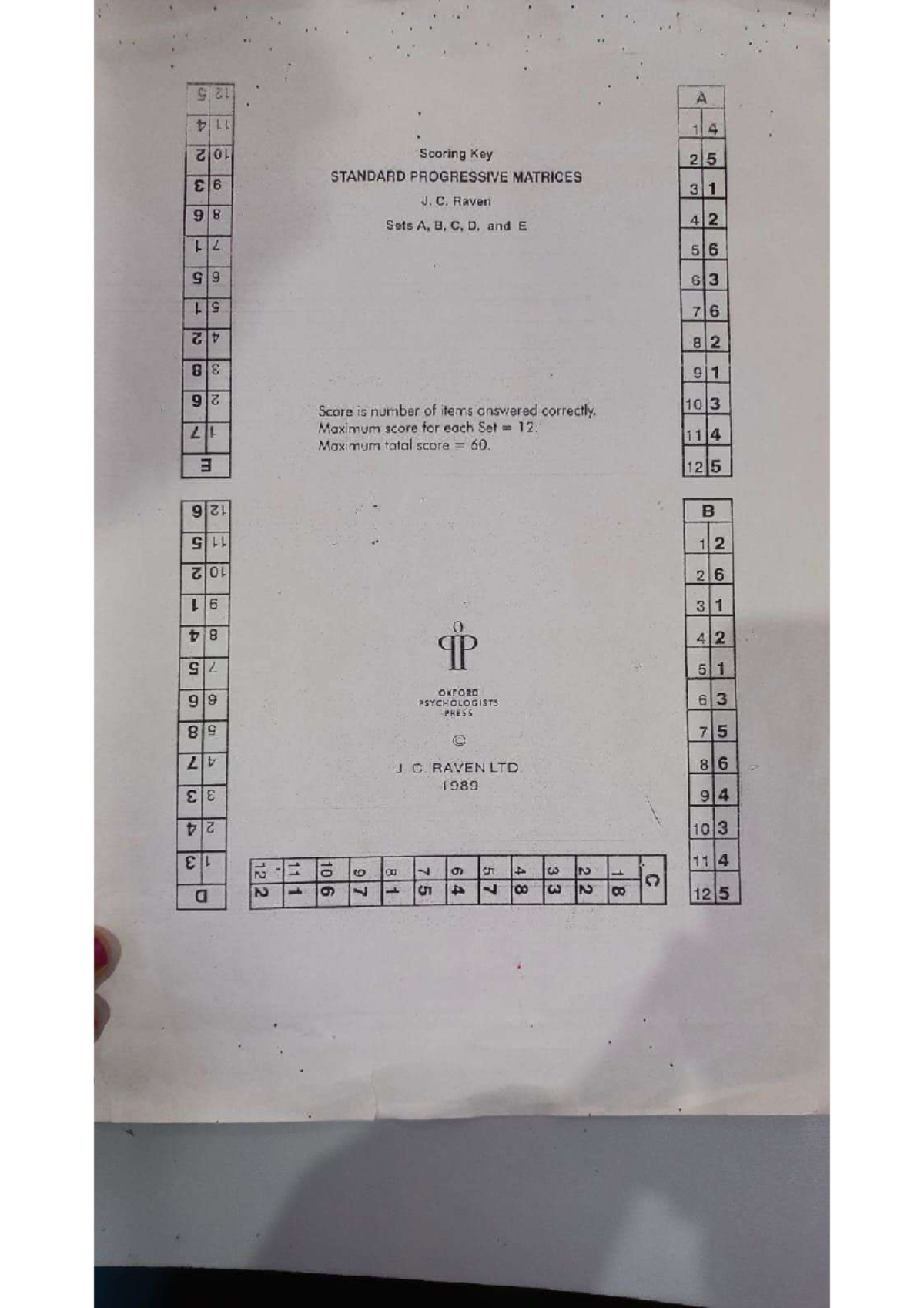 standard progressive matrix answer key - 21 A to LL 14 N 01 Scoring Key ...