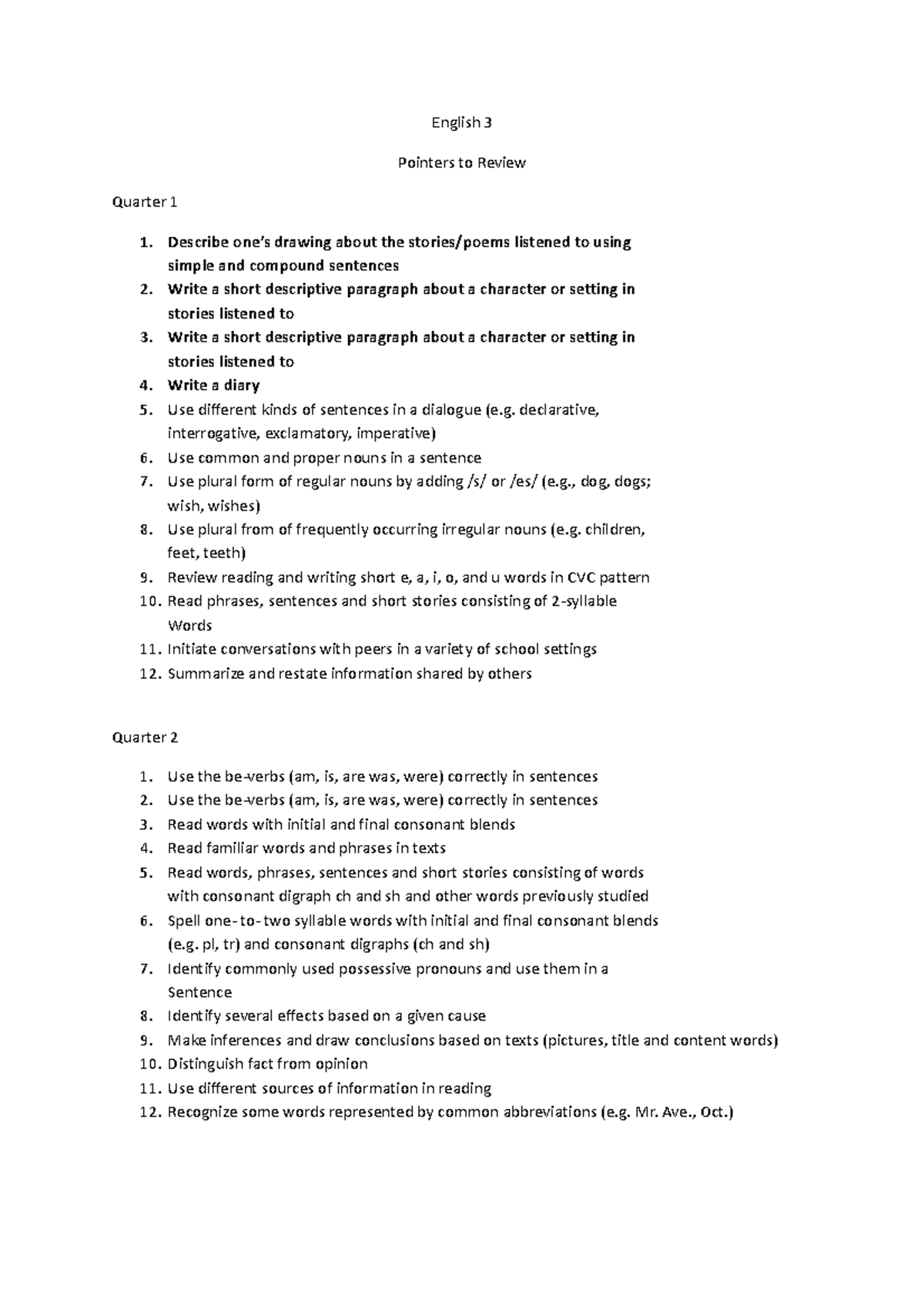English 3 - Lectures Notes - English 3 Pointers to Review Quarter 1 ...