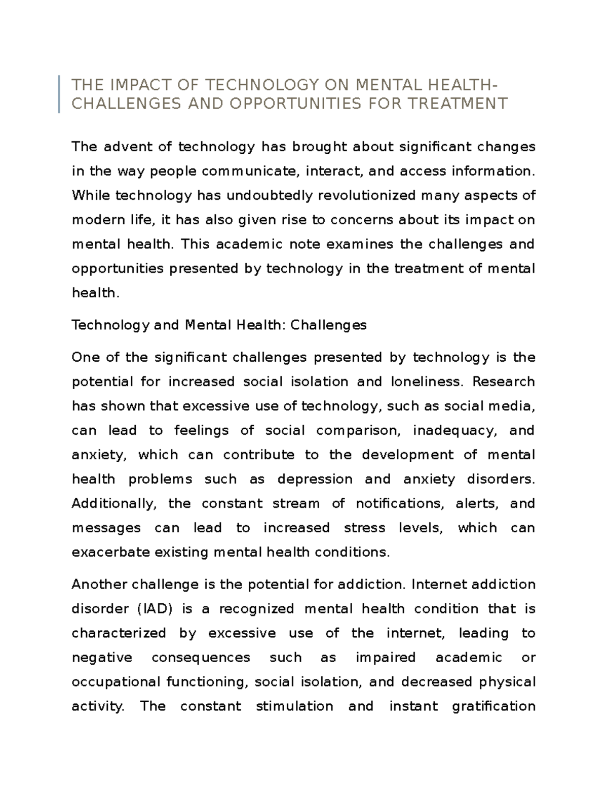 THE Impact OF Technology ON Mental Health- Challenges AND Opportunities ...