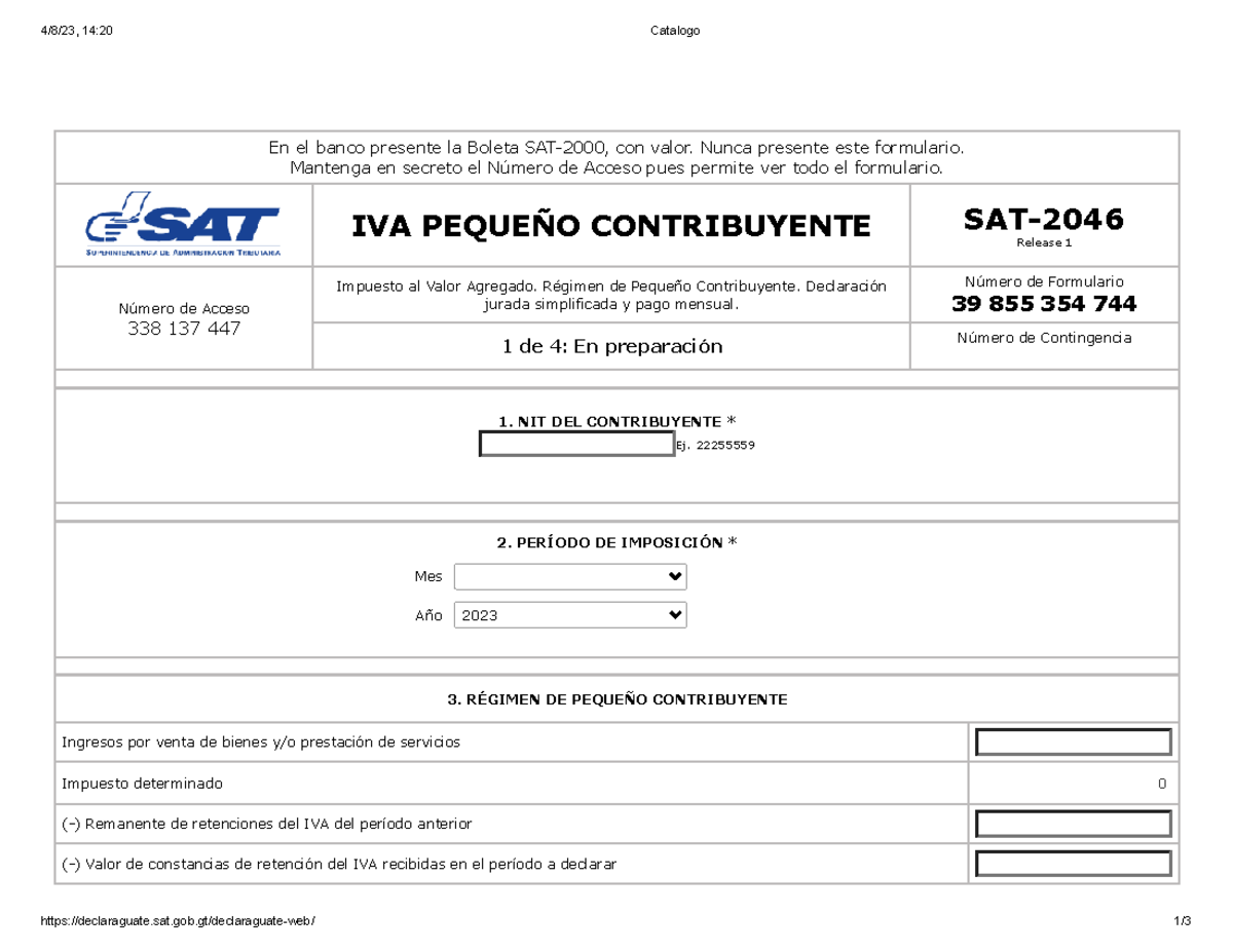 SAT 20 46 Pequeño Contribuyente - 4/8/23, 14:20 Catalogo declaraguate ...